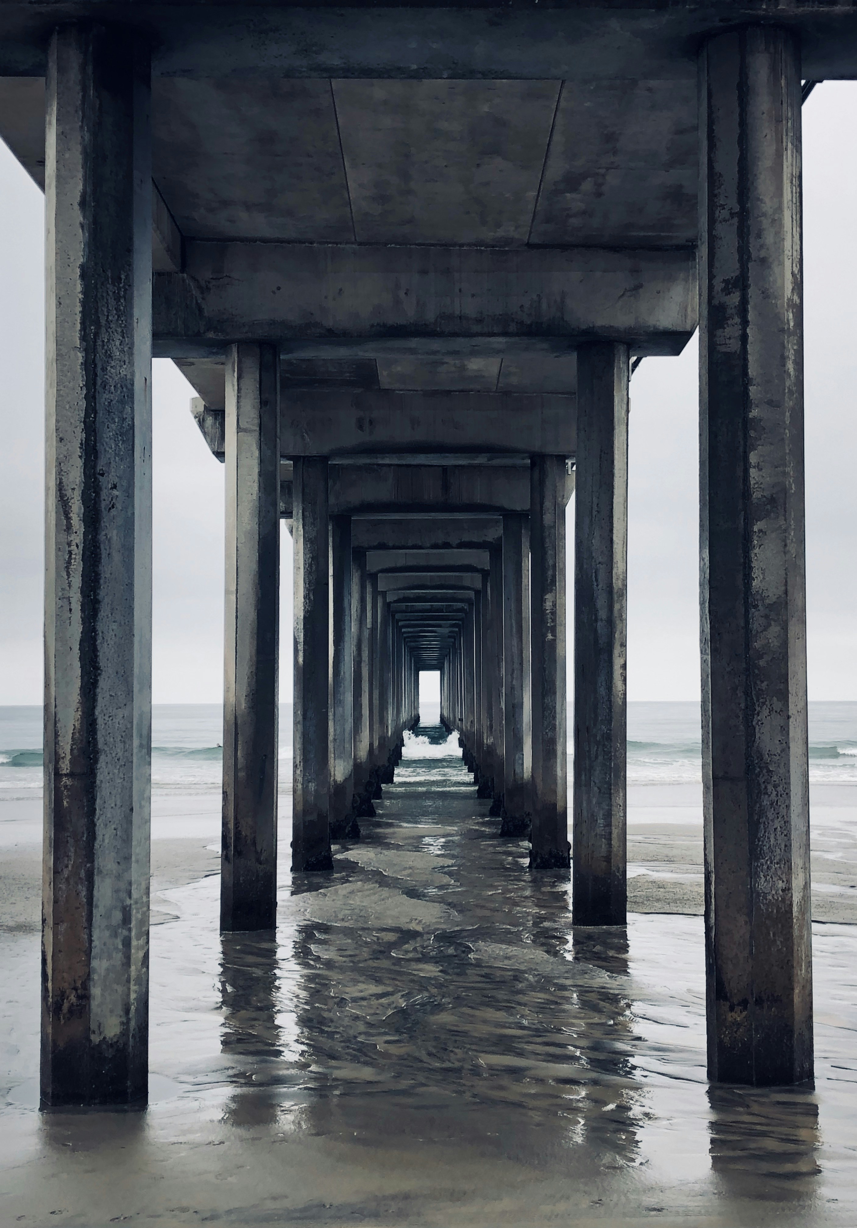 Concrete bridge pillars stretching into the distance over a sandy shoreline.