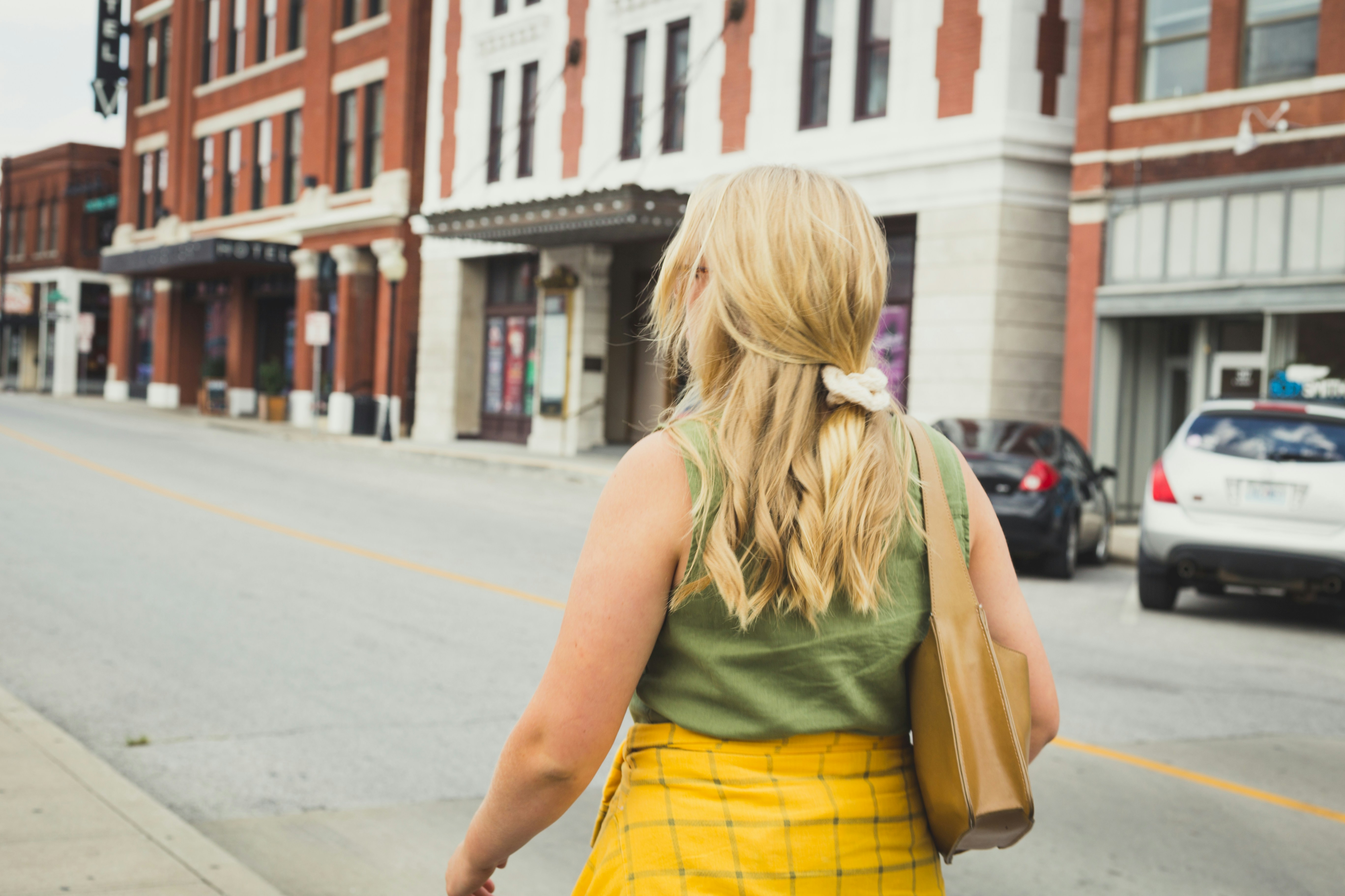 Downtown Back View: Yellow Plaid Skirt on a City Walk