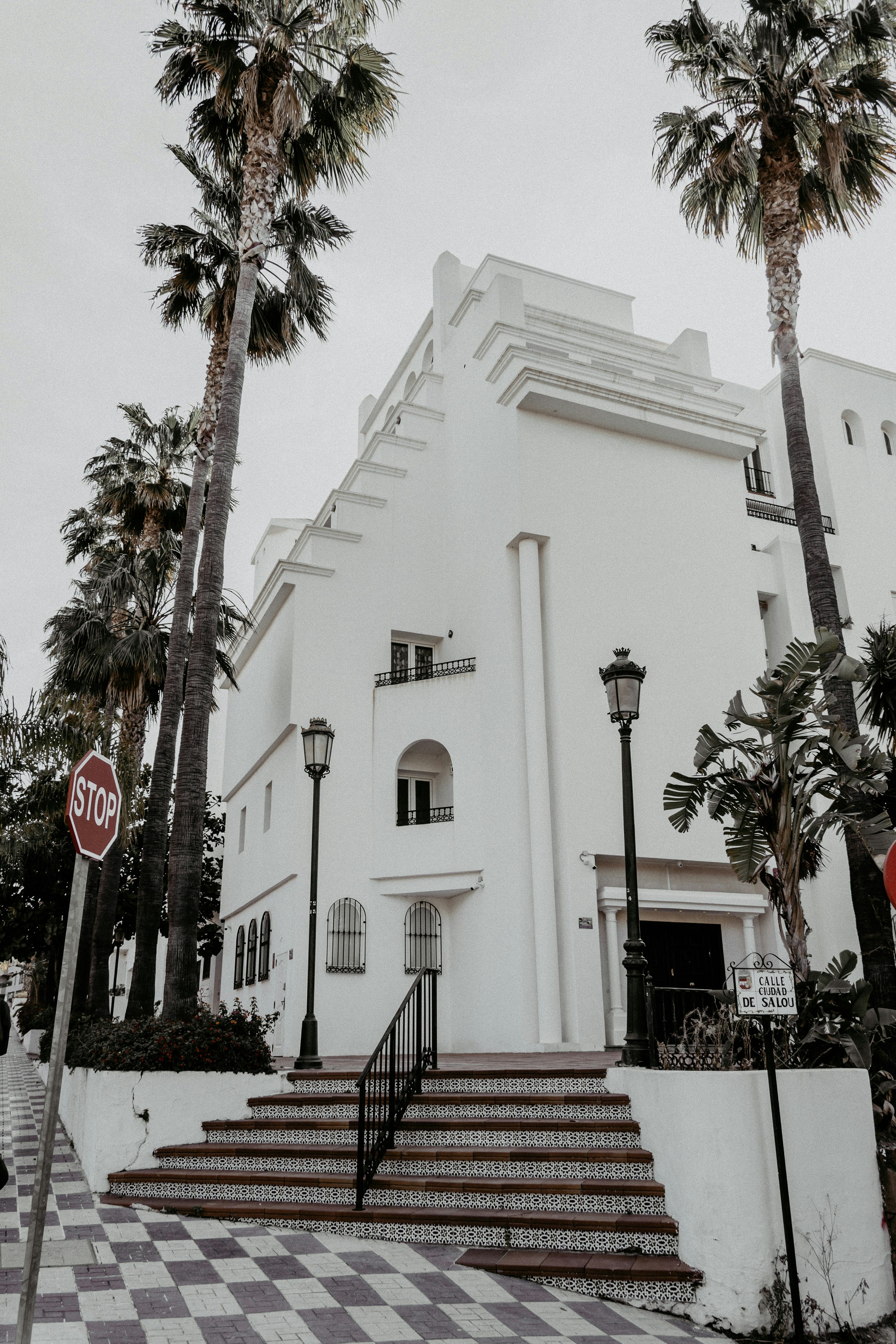 Staircase to the White Facade: Palm-Framed Mediterranean Street