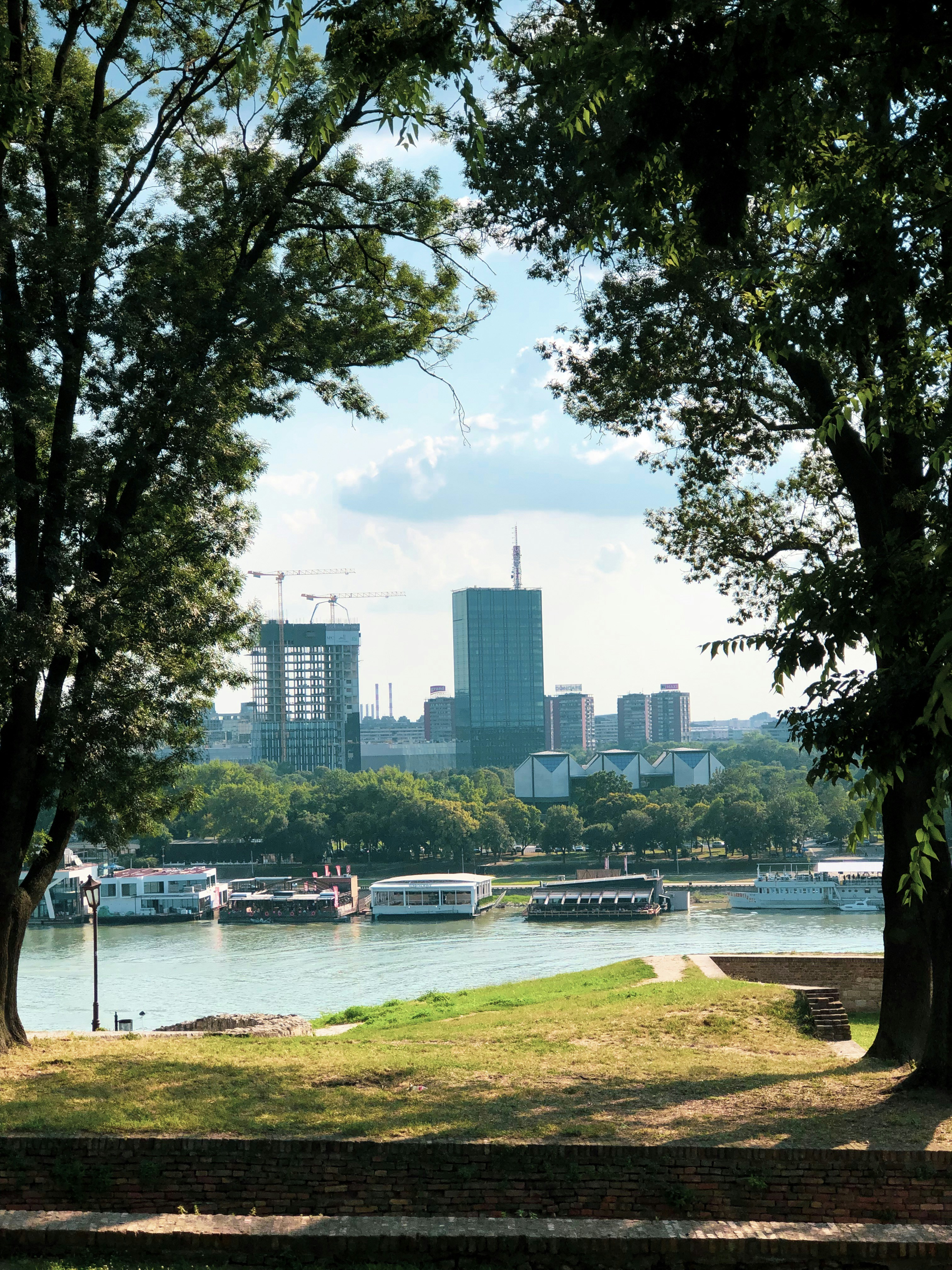 A tranquil riverside scene framed by lush trees, showcasing modern buildings and boats along the waterway.