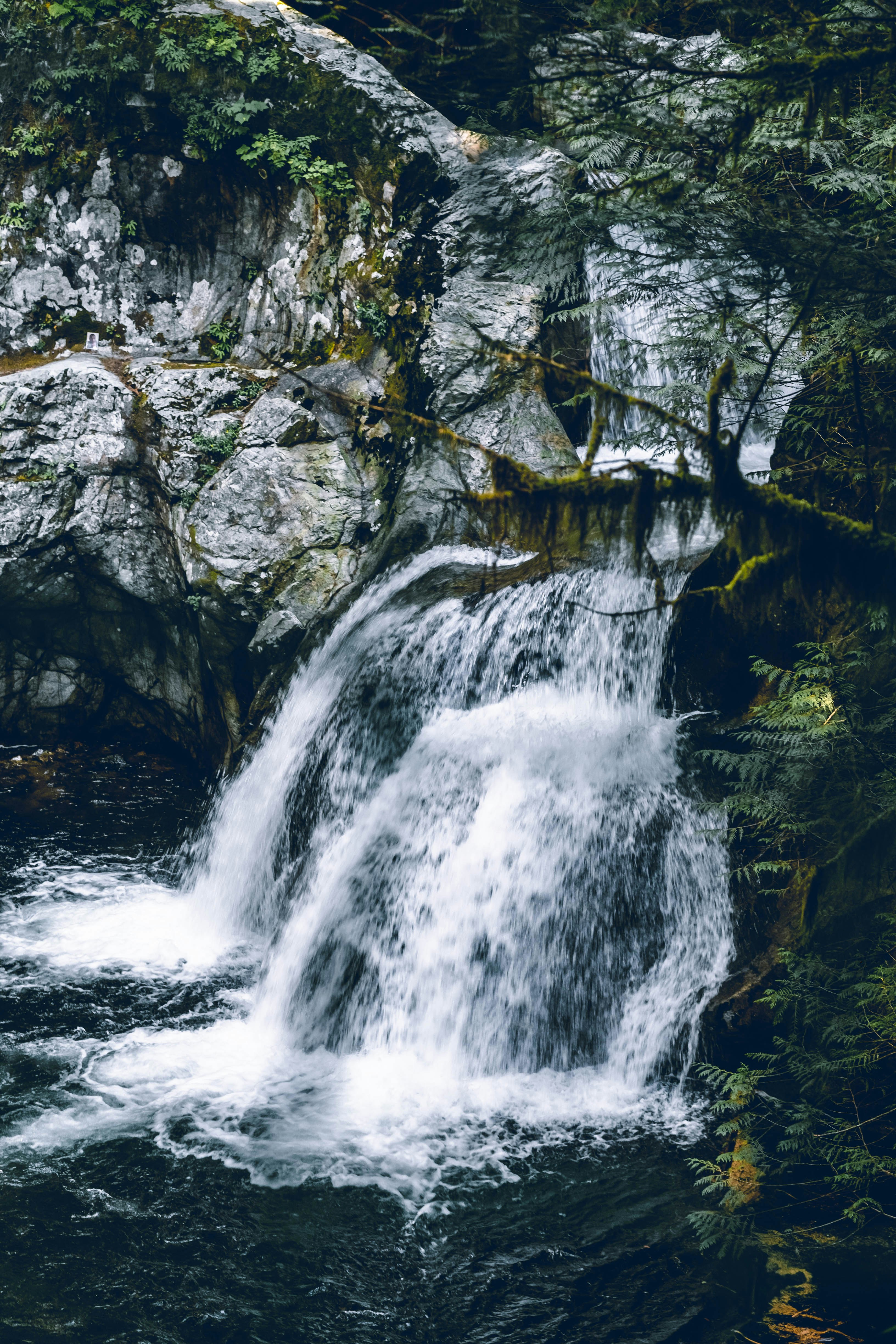 A serene waterfall flows over rugged rocks, surrounded by lush greenery in a tranquil forest setting.