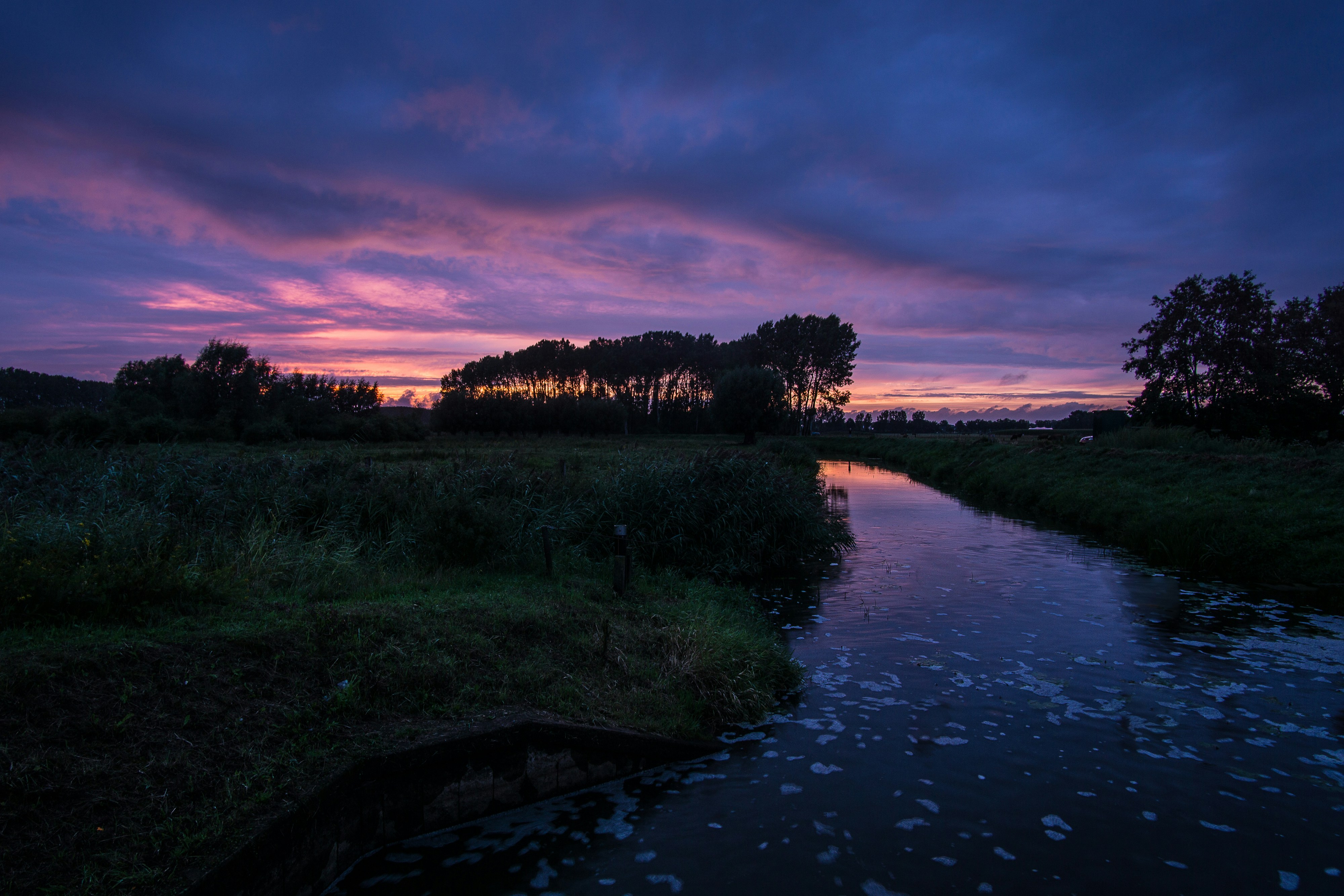 Vibrant twilight sky reflecting in a serene river flanked by lush greenery.