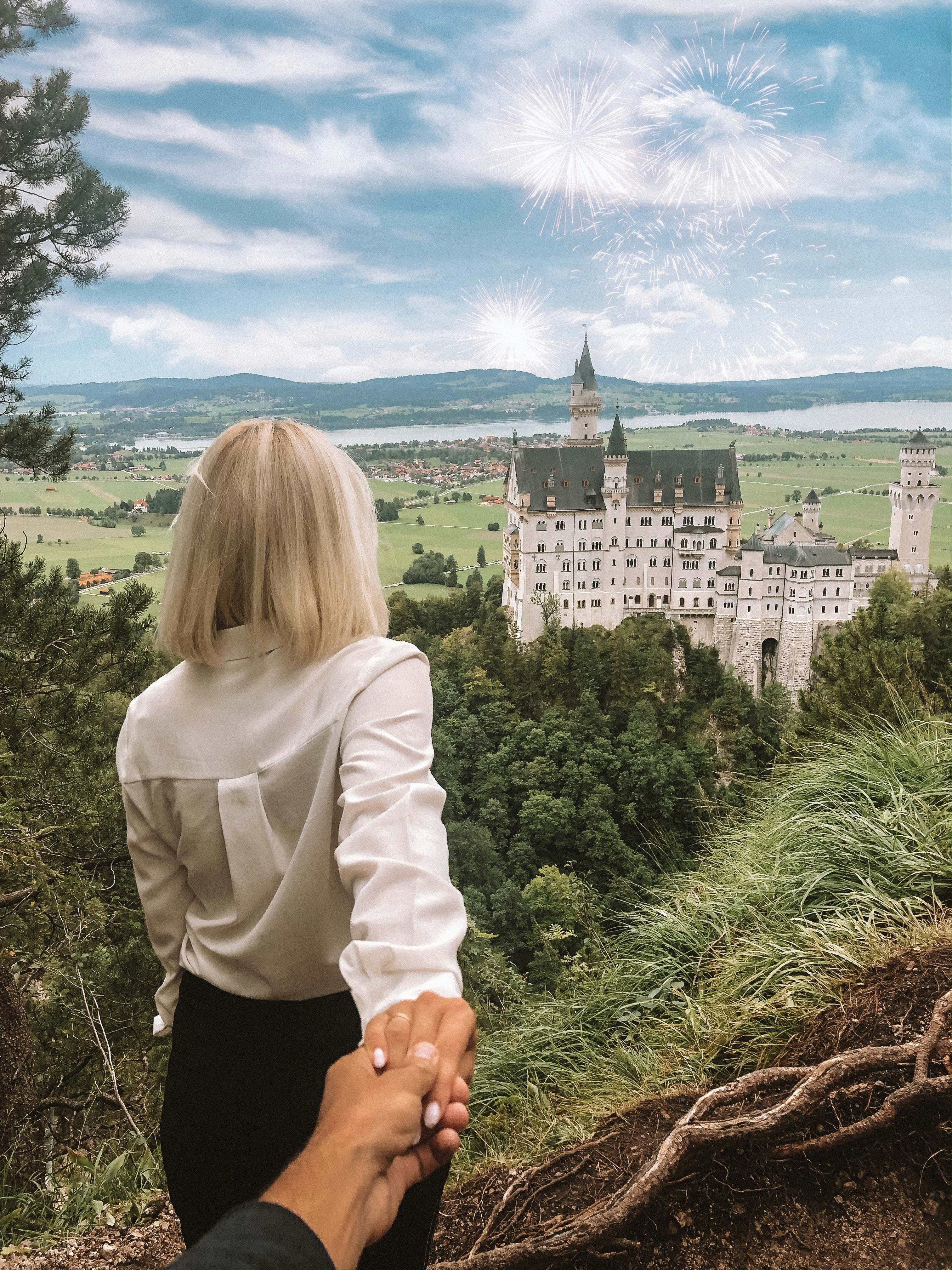 Hand in Hand Toward a Firework-Kissed Castle