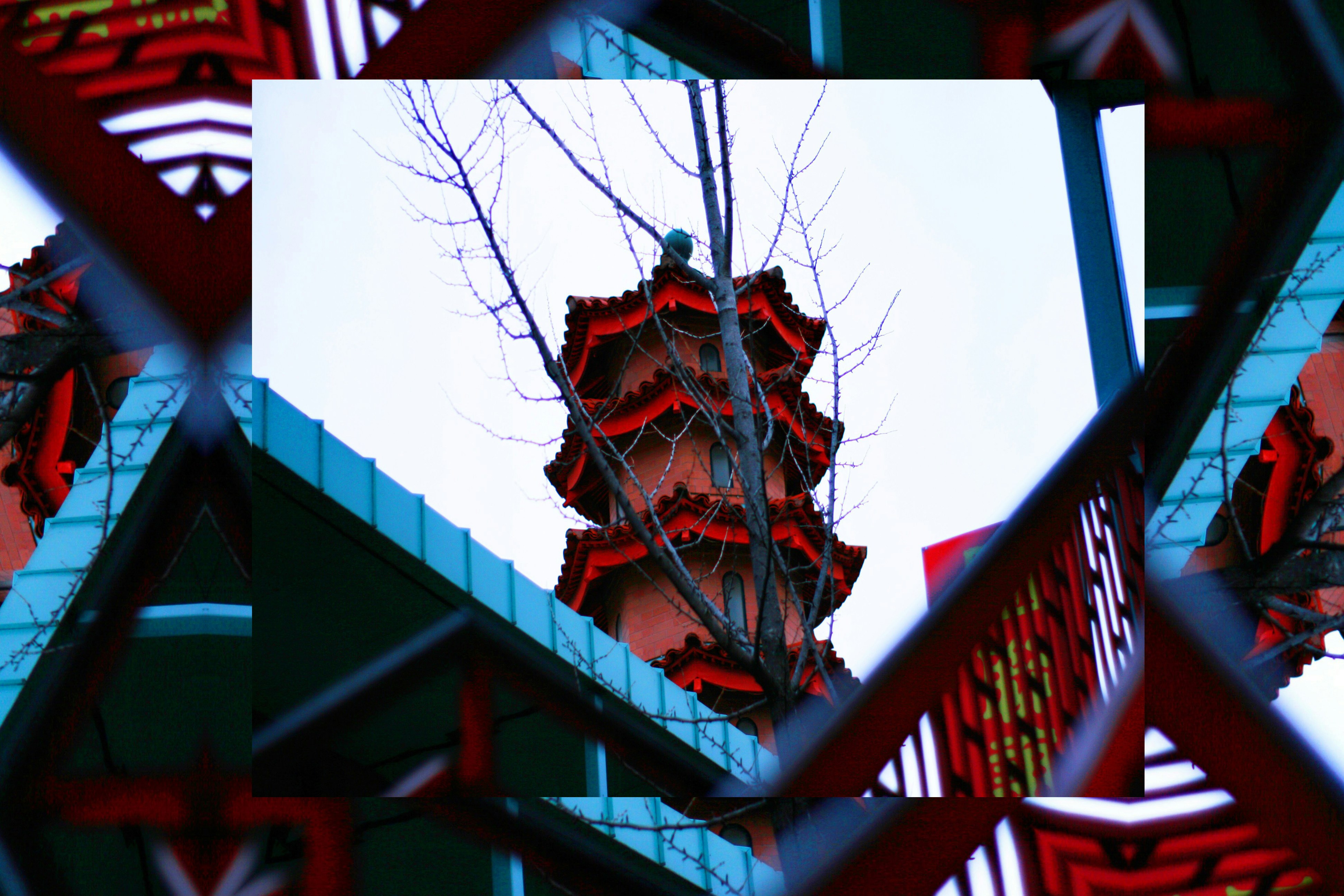 Pagoda in a Framed Garden of Neon Geometry