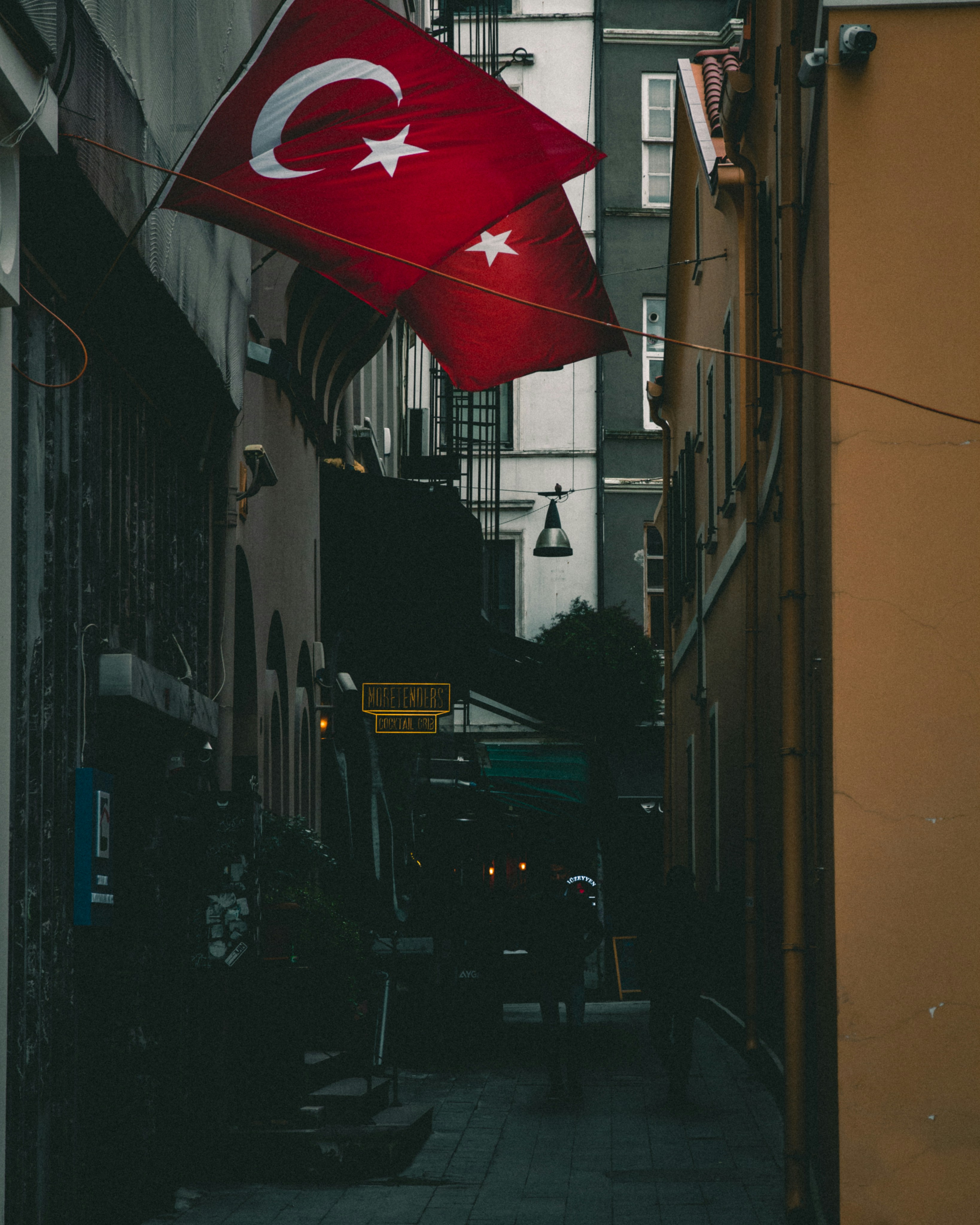 Crescent Flag Over a Shadowed Alley