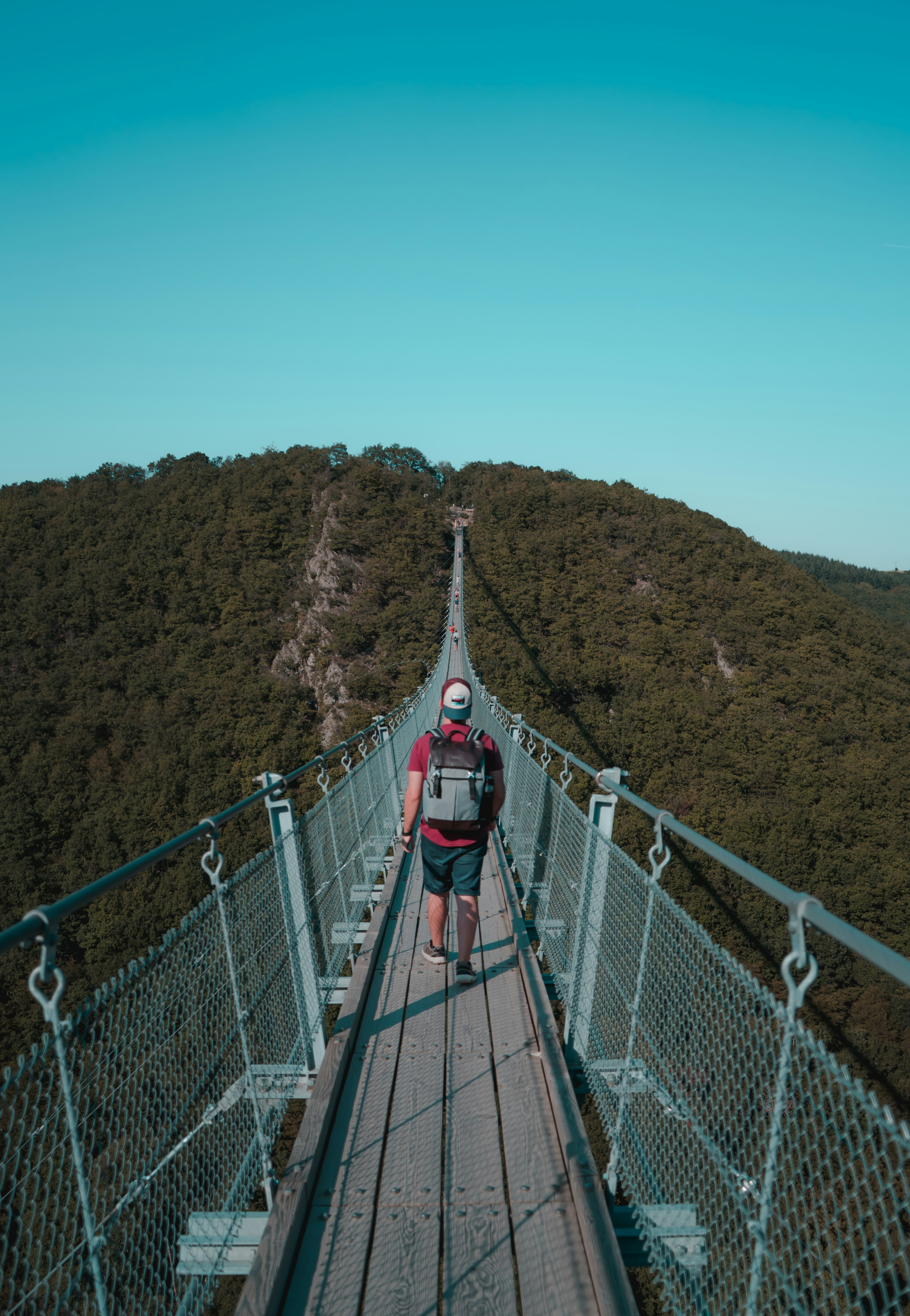 Red-Clad Trekker on a Narrow Suspension Bridge Over a Verdant Gorge