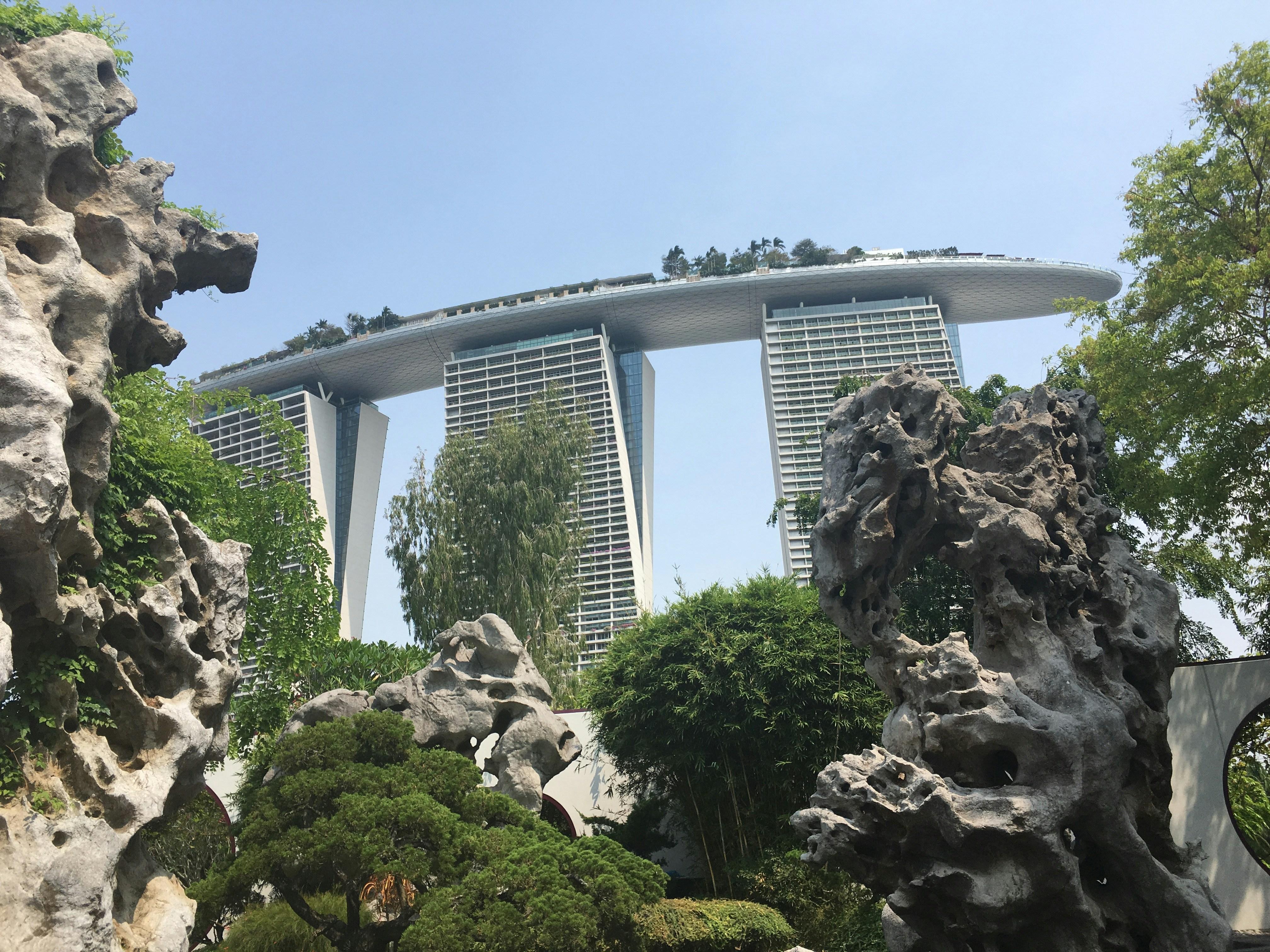 Rock-Guarded Vista: Marina Bay Sands Rises Over a Tranquil Garden