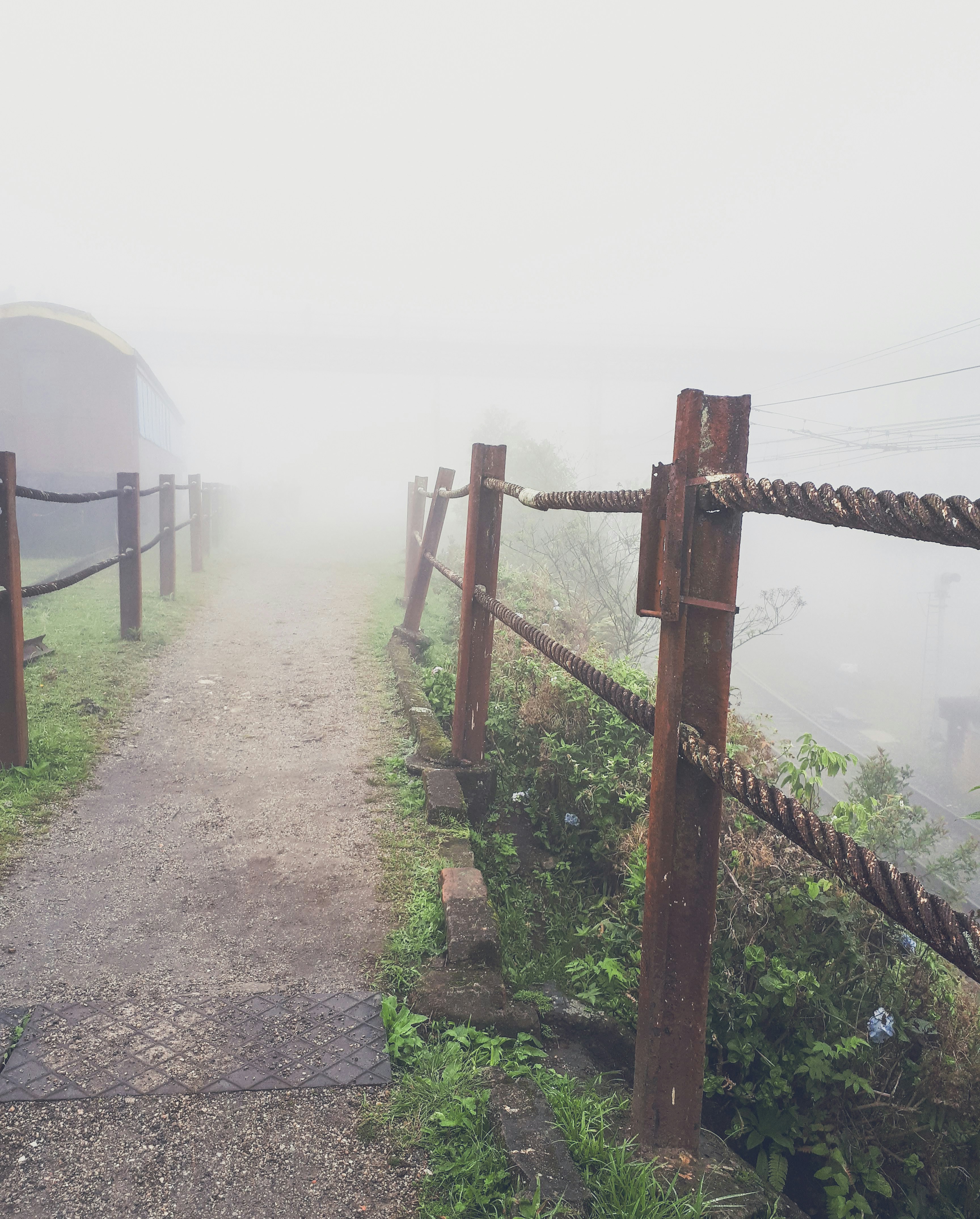 Frosty morning path lined with wooden rails fades into dense fog, conveying a quiet, atmospheric overlook.