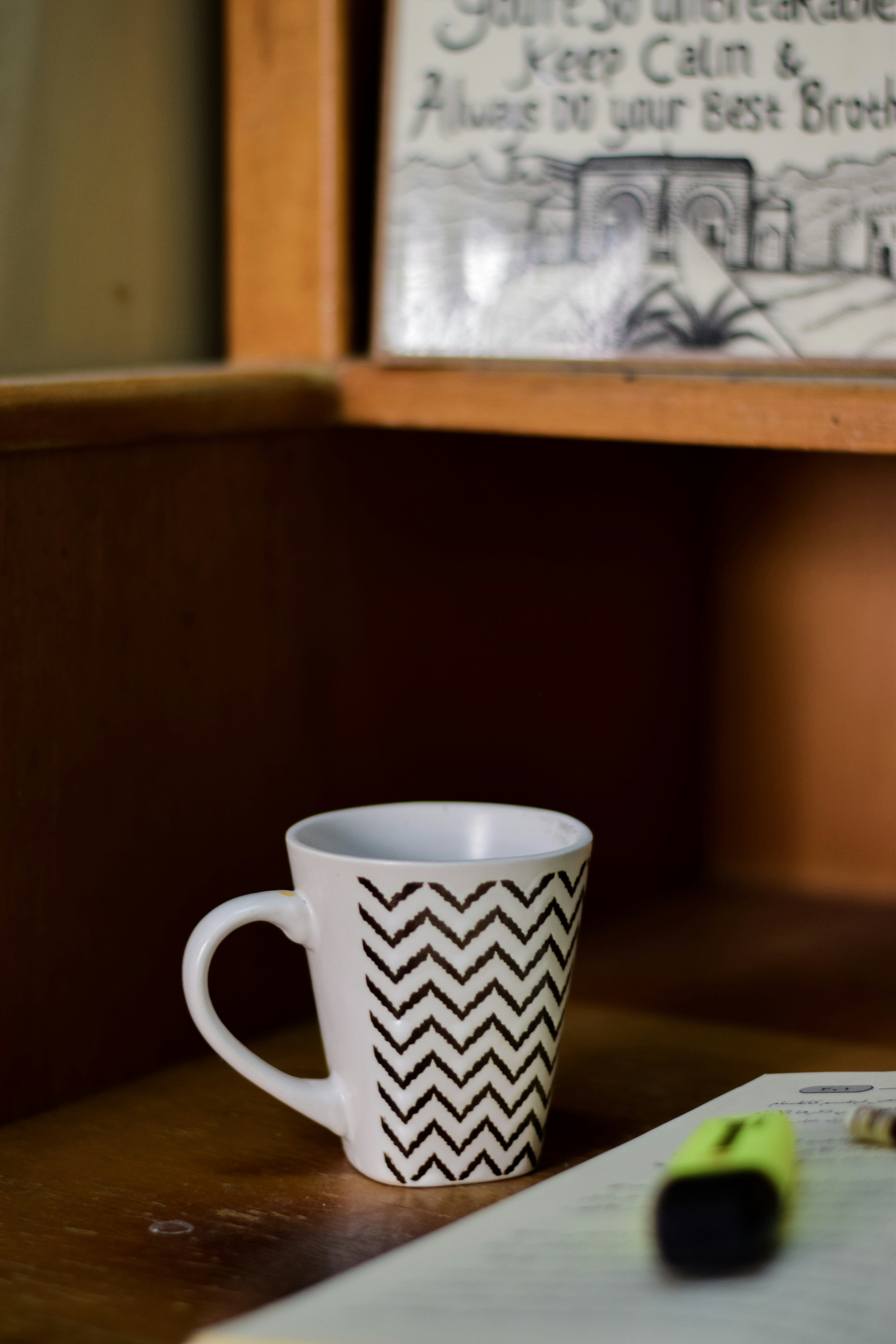 Chevron Mug on a Quiet Desk with Marker and Sketch Behind