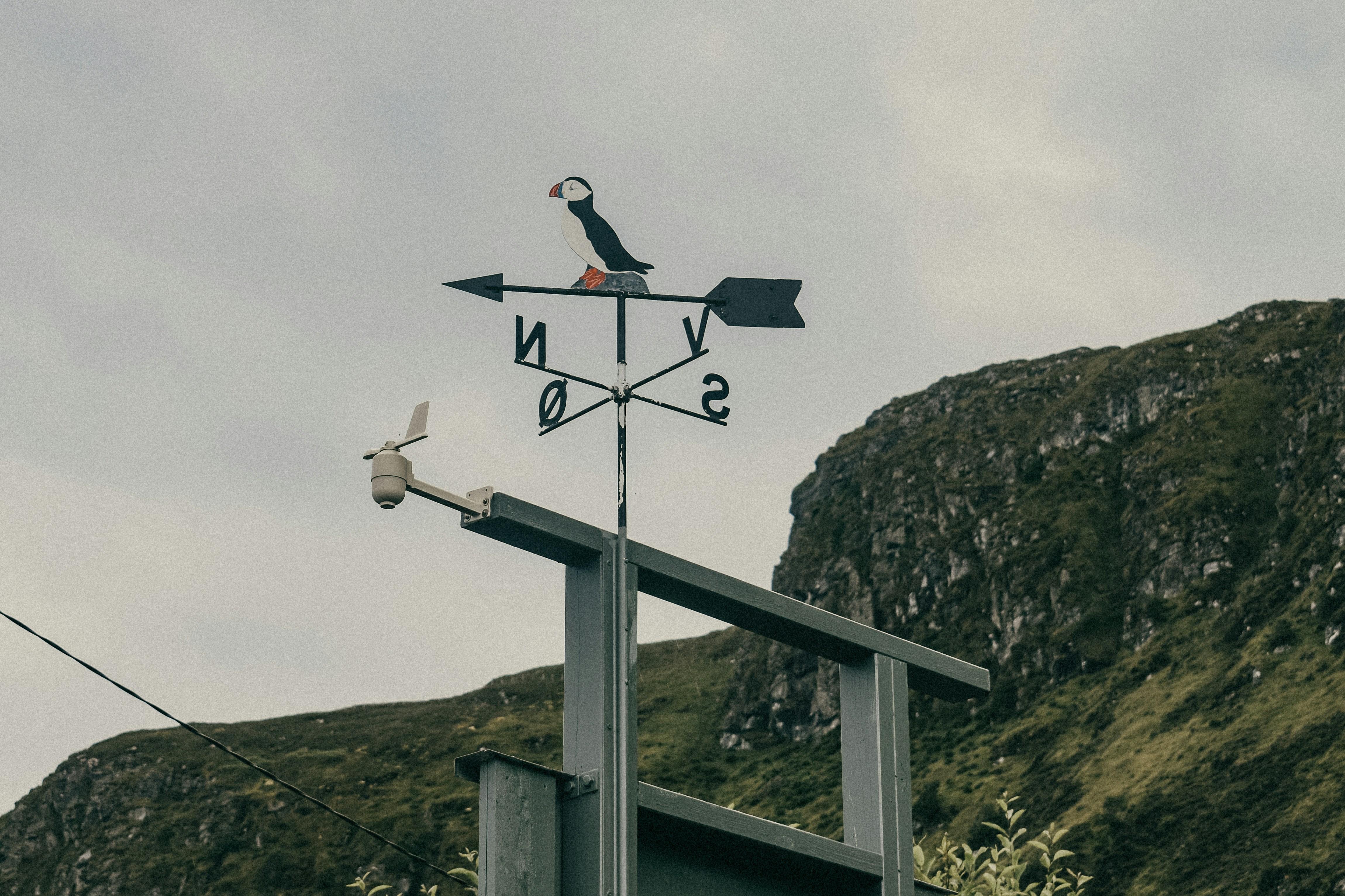 A weather vane on top of a building with a mountain in the background ...