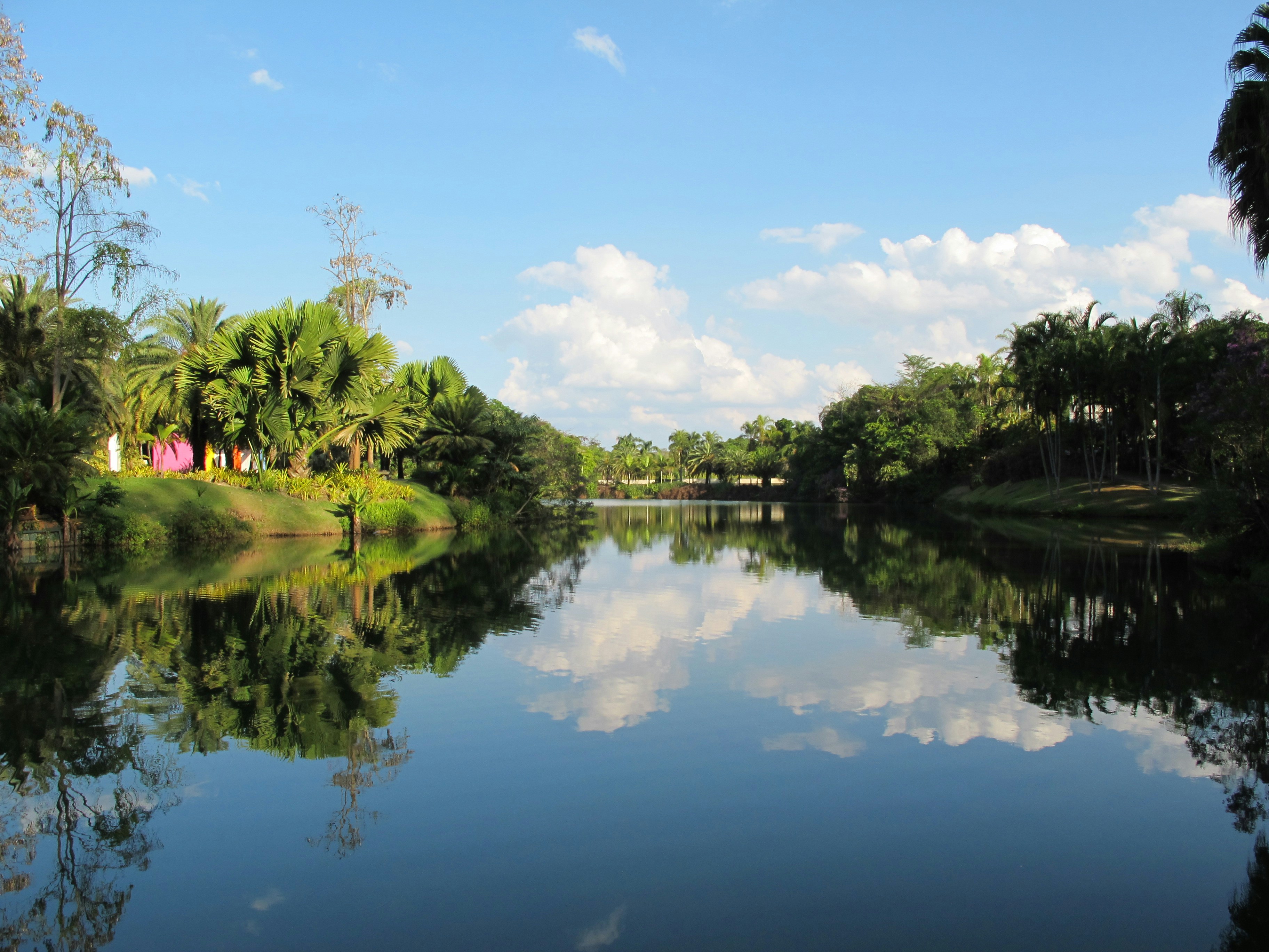 Serene river reflecting a lush landscape of green trees under a clear blue sky.