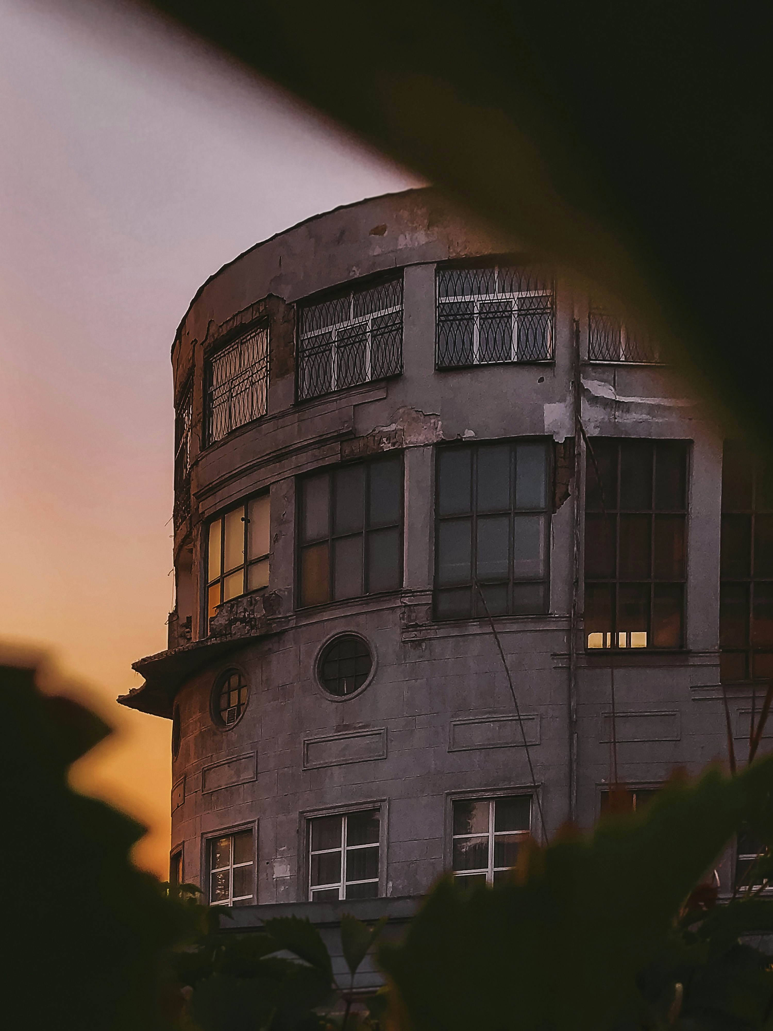 Weathered industrial building partially obscured by foliage at sunset, showcasing the interplay of nature and urban decay.