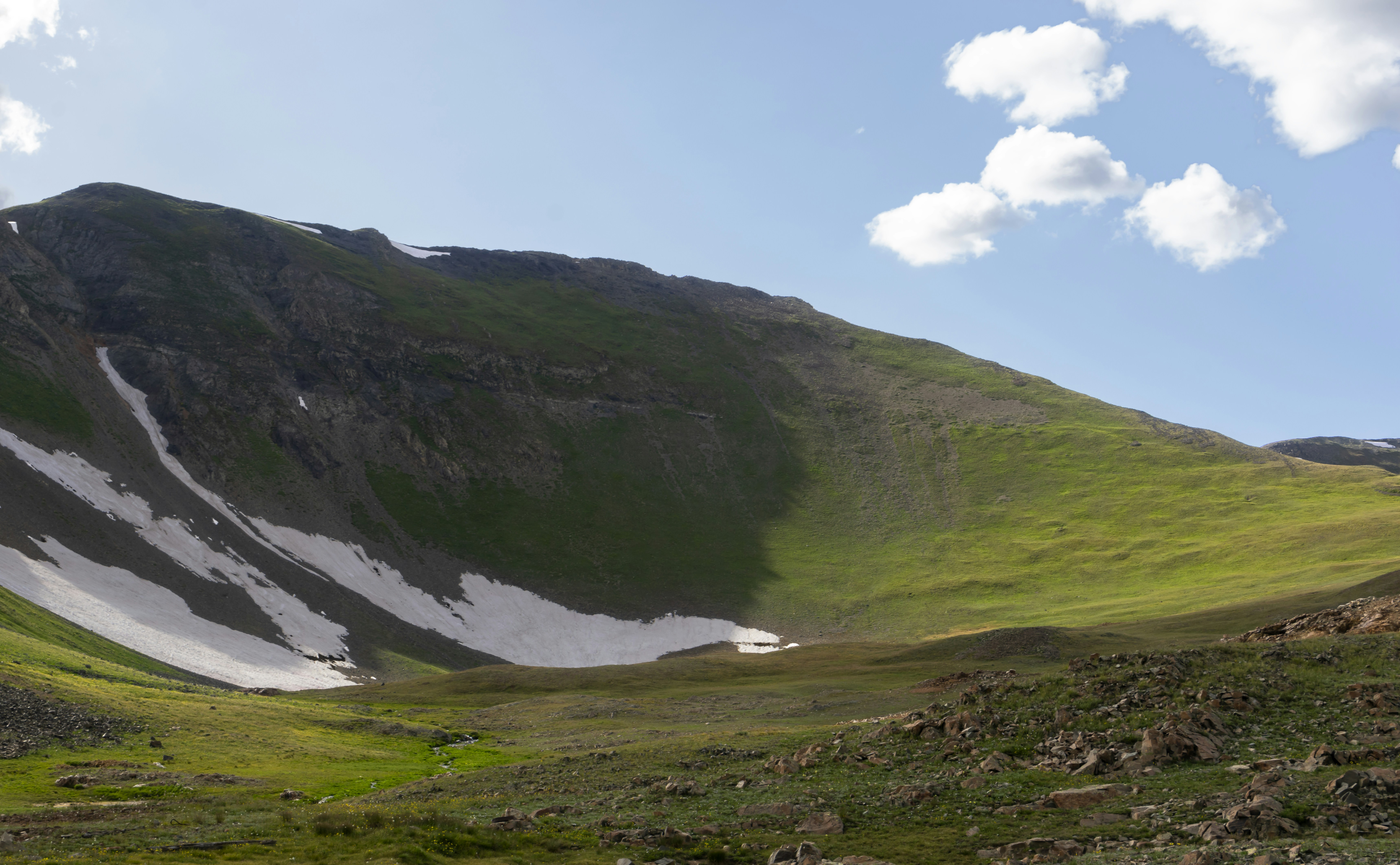 Lush green valley with a snow-capped mountain backdrop under a bright blue sky dotted with clouds.