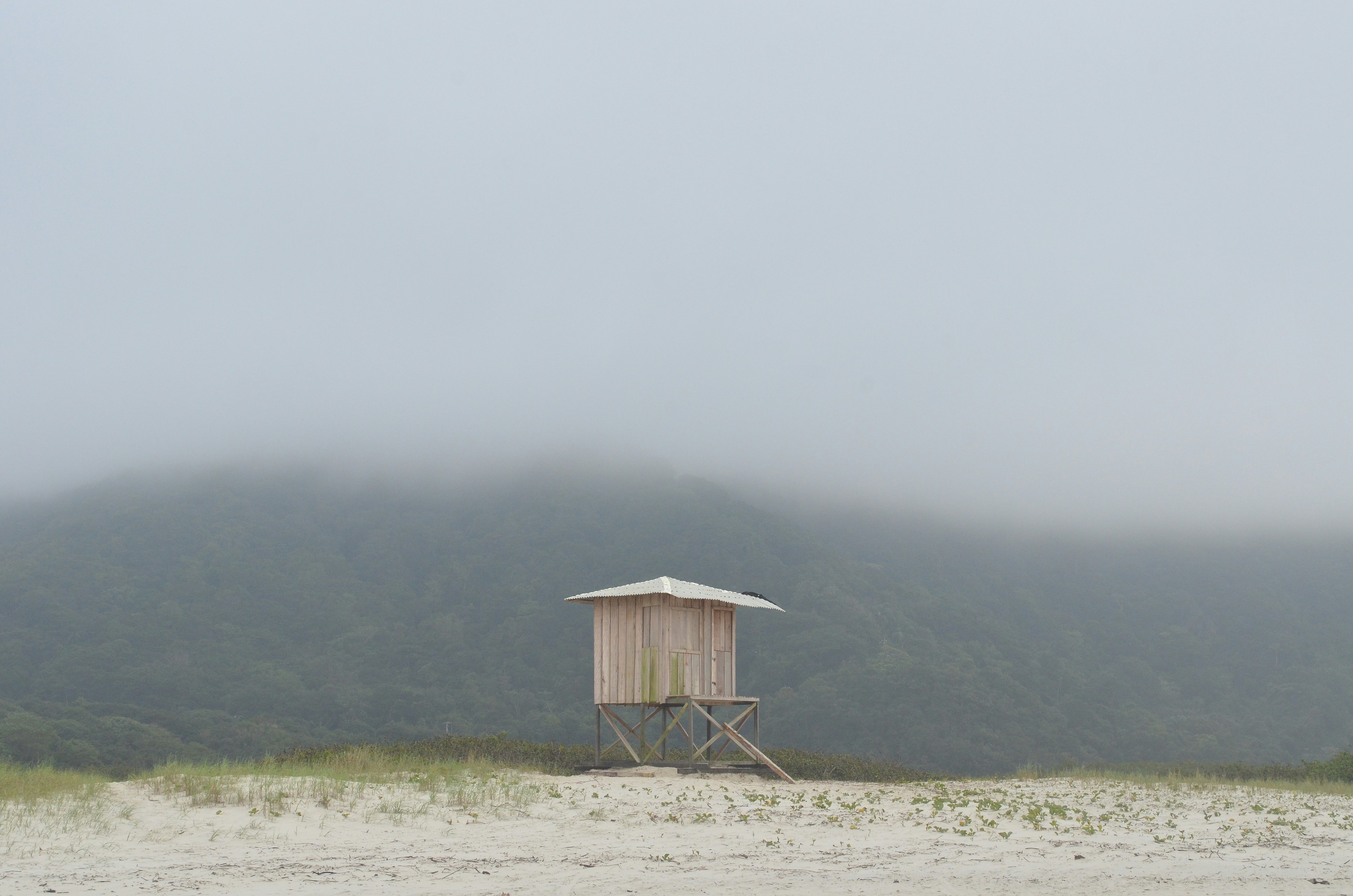 A wooden lifeguard stand stands alone on a foggy beach, surrounded by gentle dunes and a backdrop of shrouded hills. The scene evokes a sense of solitude and tranquility.
