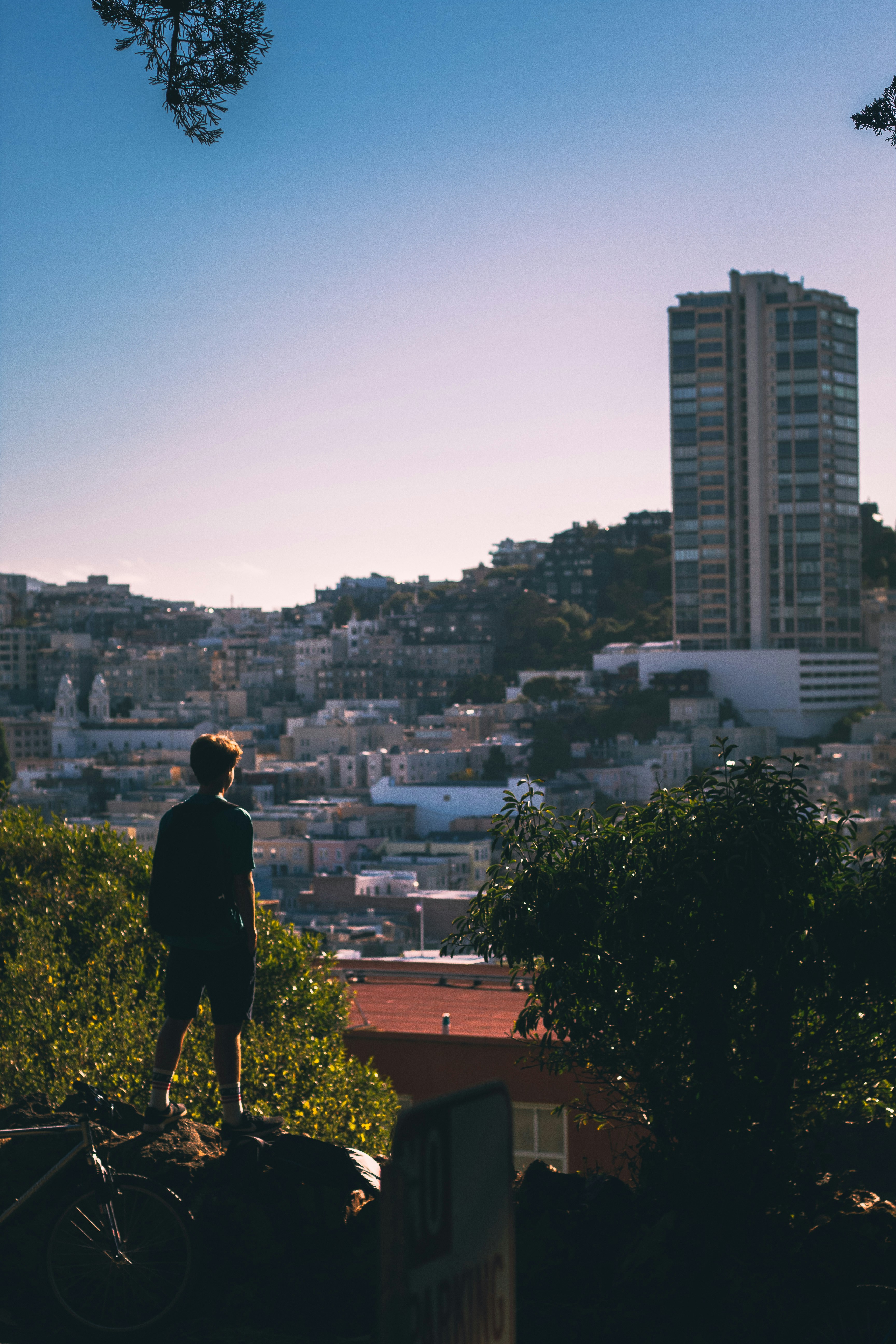 A young boy stands atop a rocky outcrop, gazing over a sprawling cityscape with high-rise buildings and distant hills. The scene captures a blend of nature and urban life.