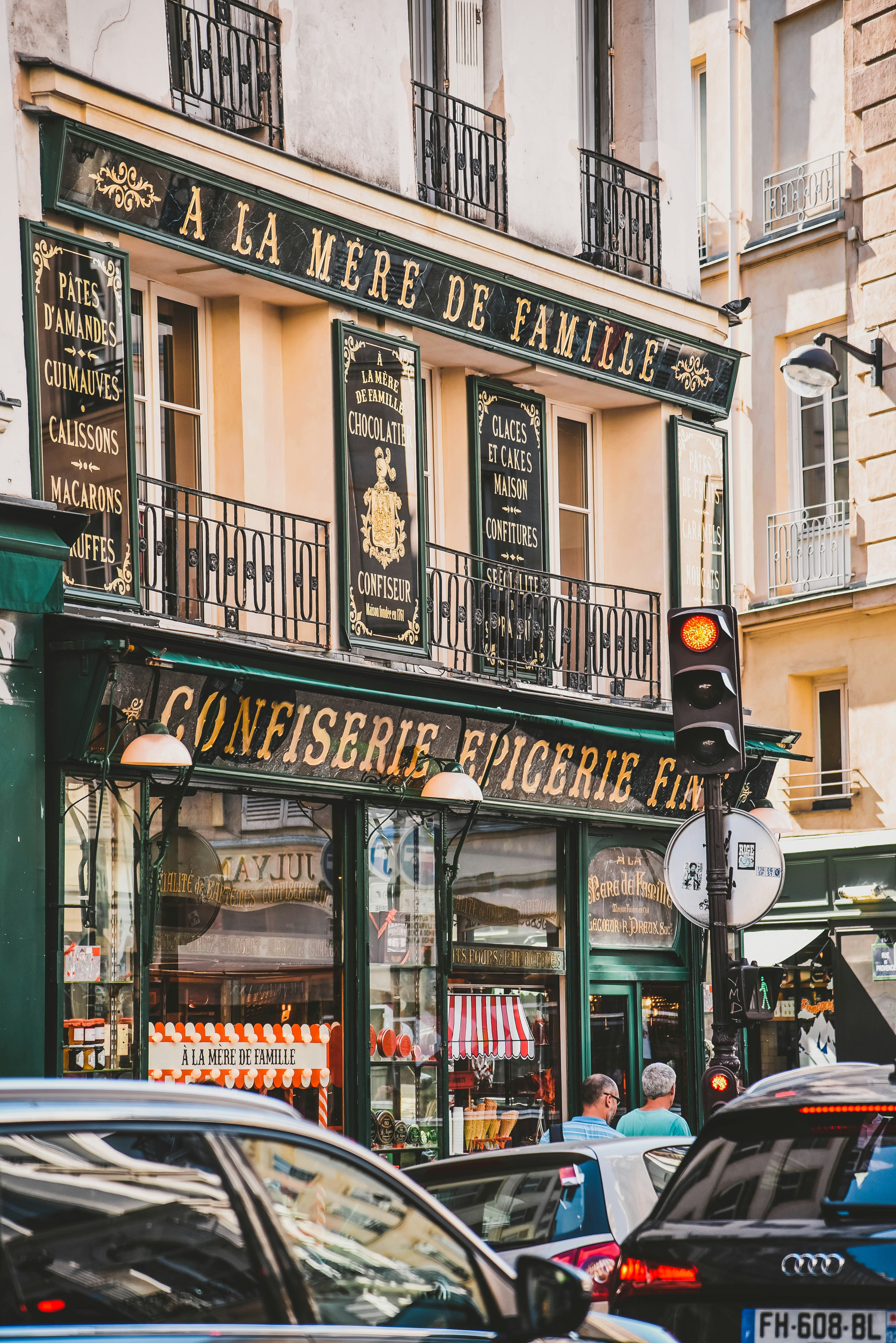 Charming storefront of a traditional French confectionery, showcasing colorful pastries and vintage signage. The scene captures the essence of Parisian culinary culture.