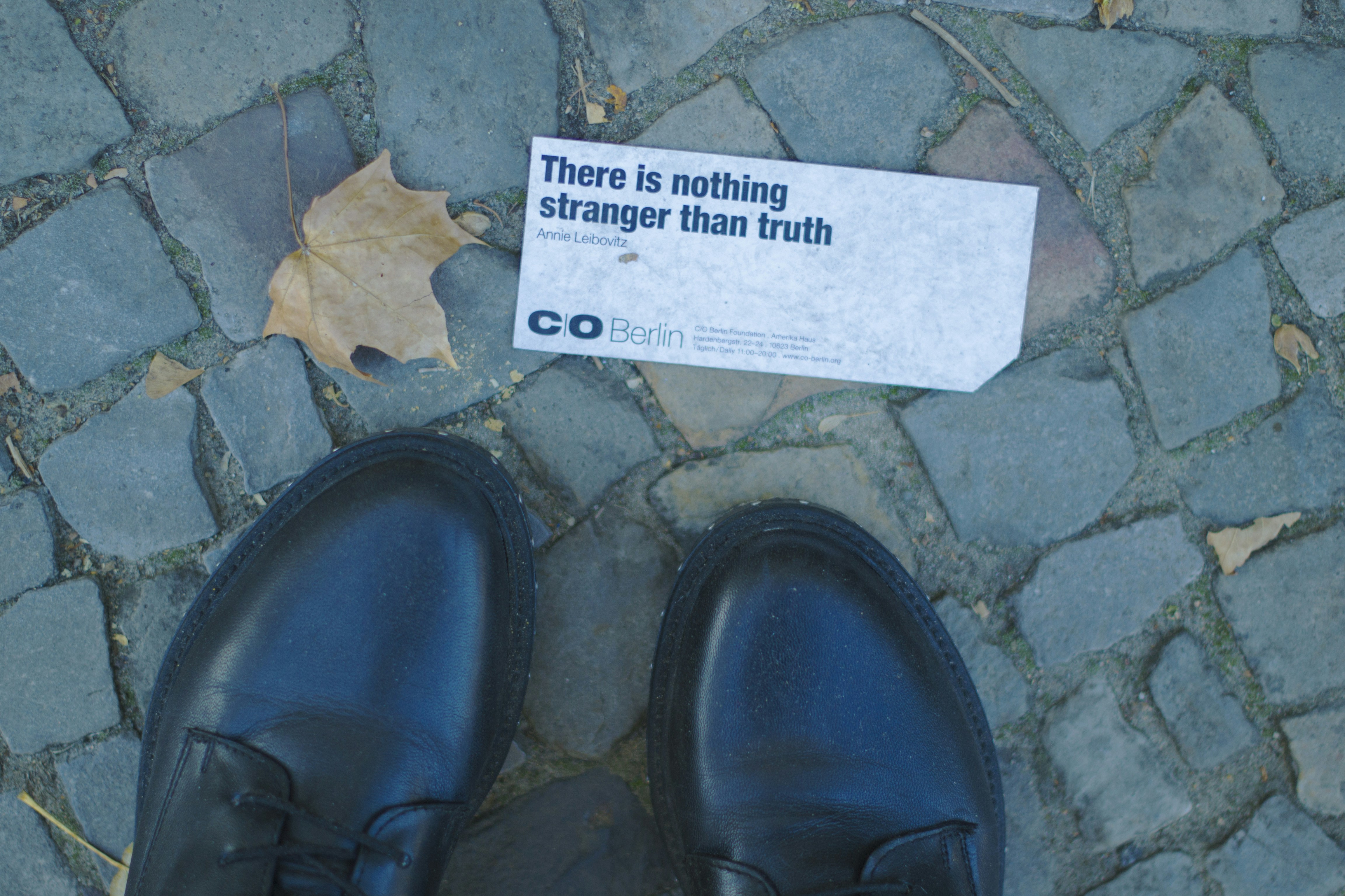 Pair of blue shoes standing on cobblestone pavement next to a card with a quote about truth.