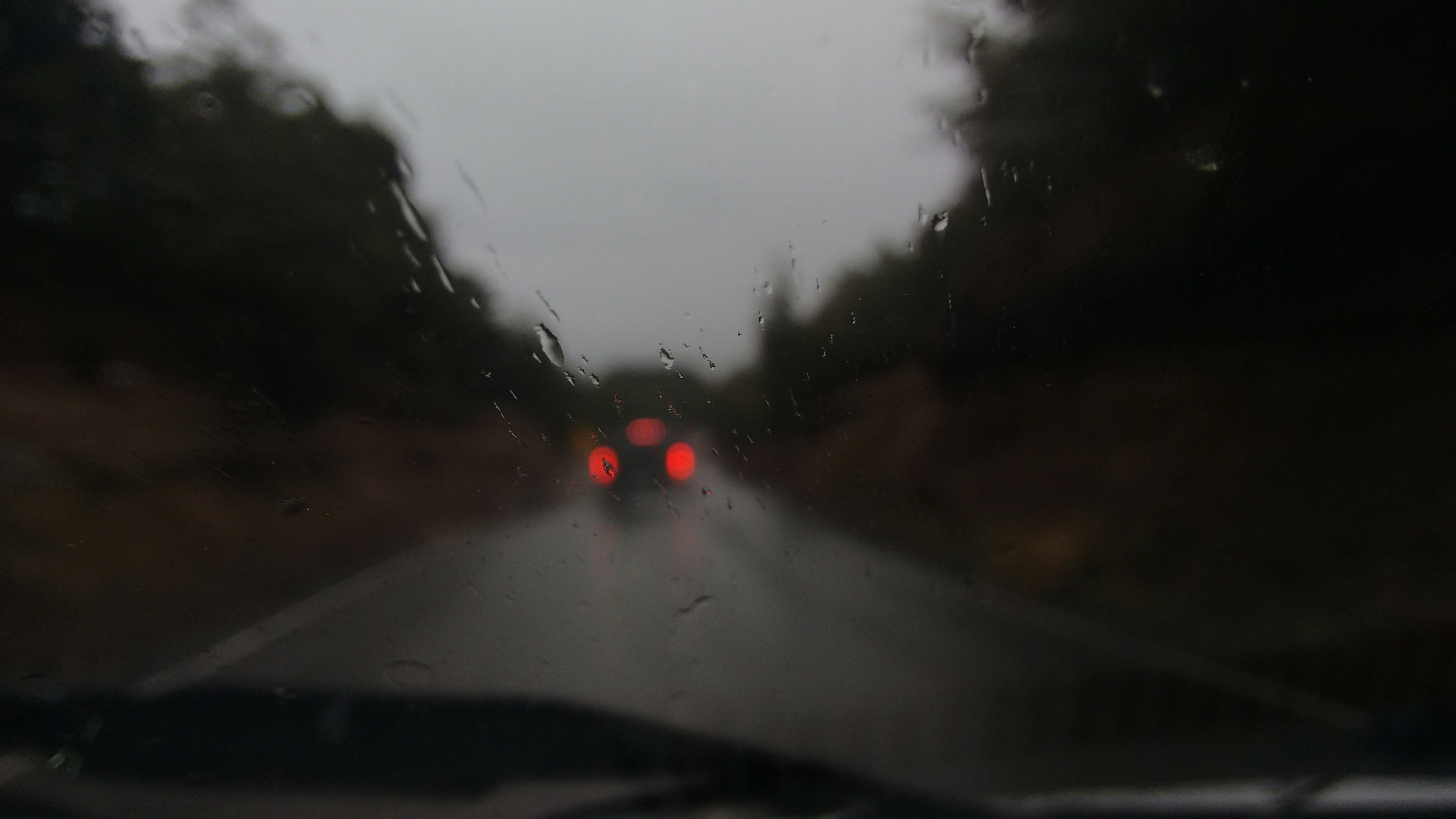 Blurry view of a car's taillights through a rain-soaked windshield on a winding road.