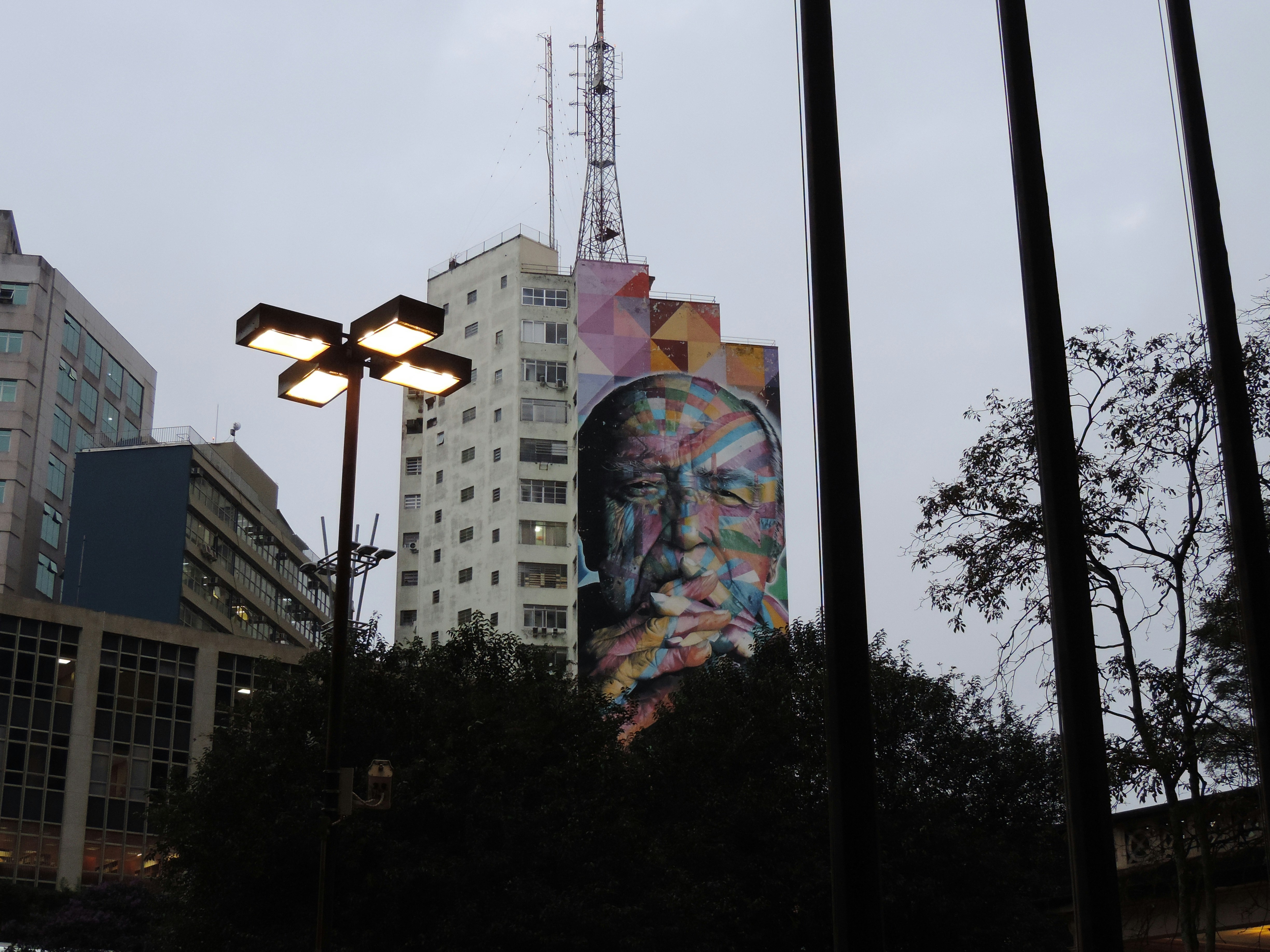 Vibrant mural of a contemplative figure adorned on a high-rise building amidst an urban landscape, framed by streetlights and a cloudy sky.
