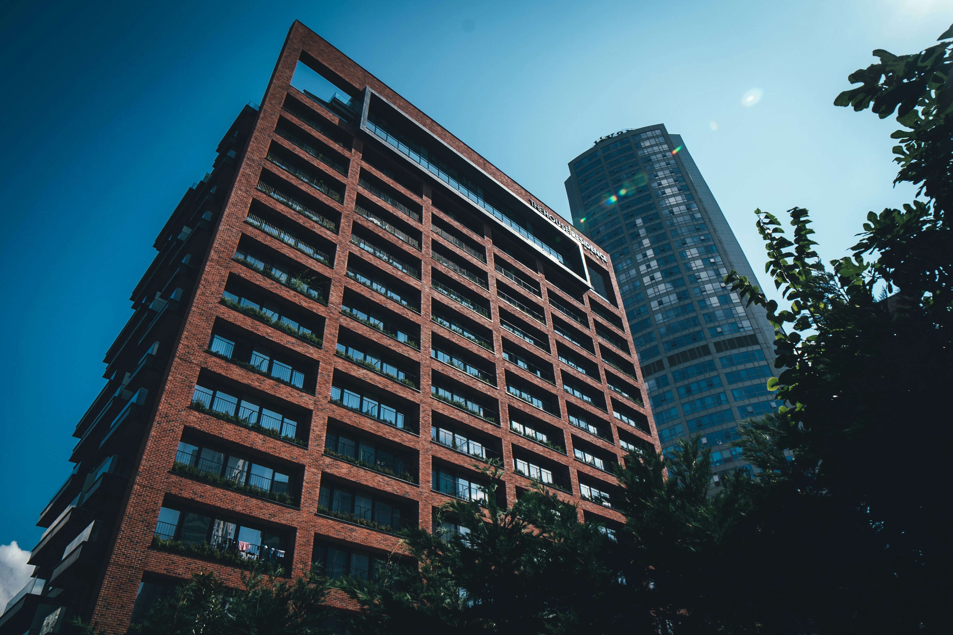 A striking juxtaposition of a brick building and a sleek skyscraper under a clear blue sky, framed by lush greenery.