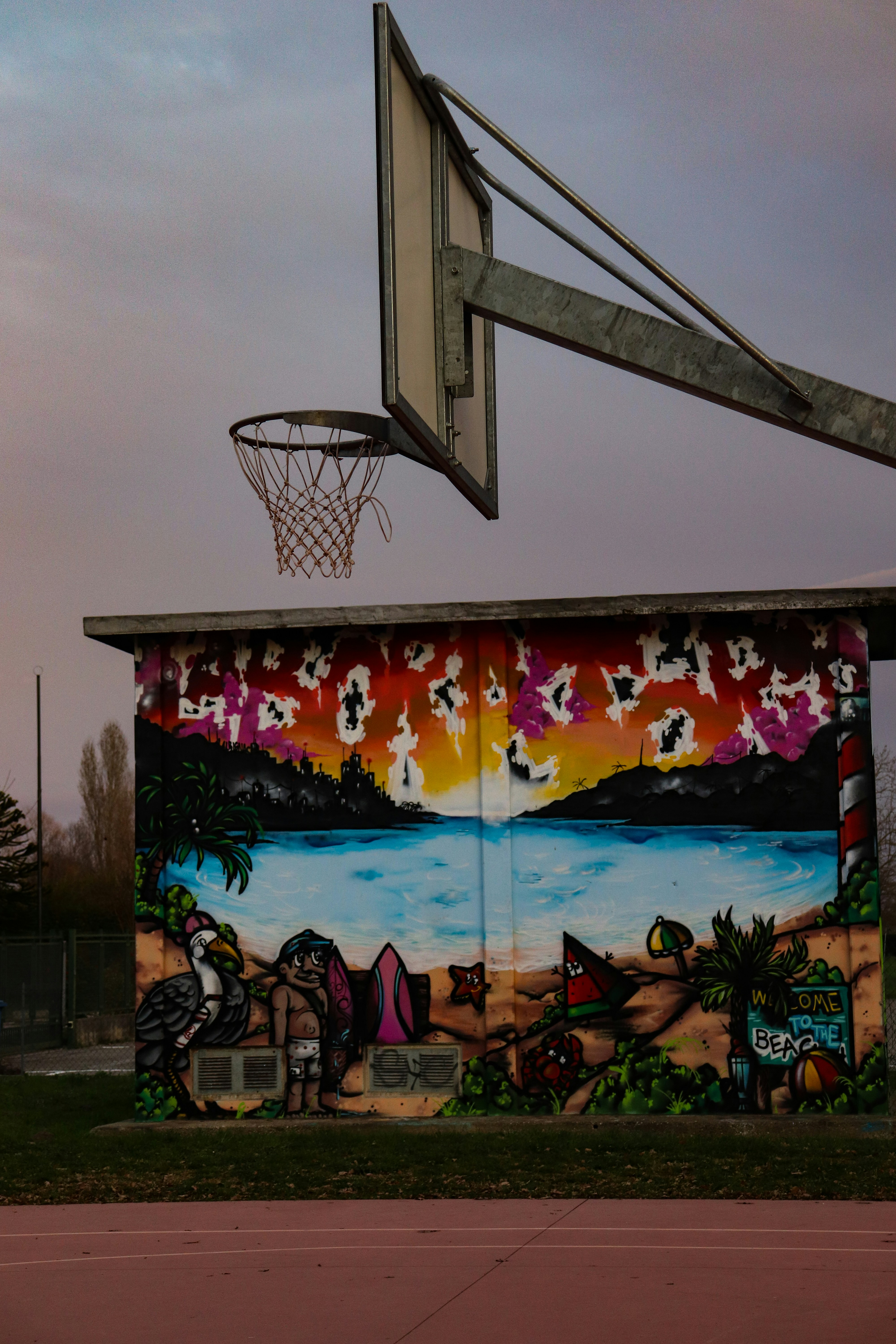 Vibrant mural depicting a beach scene with characters and wildlife, set against a basketball hoop. The artwork blends urban culture with a coastal theme.