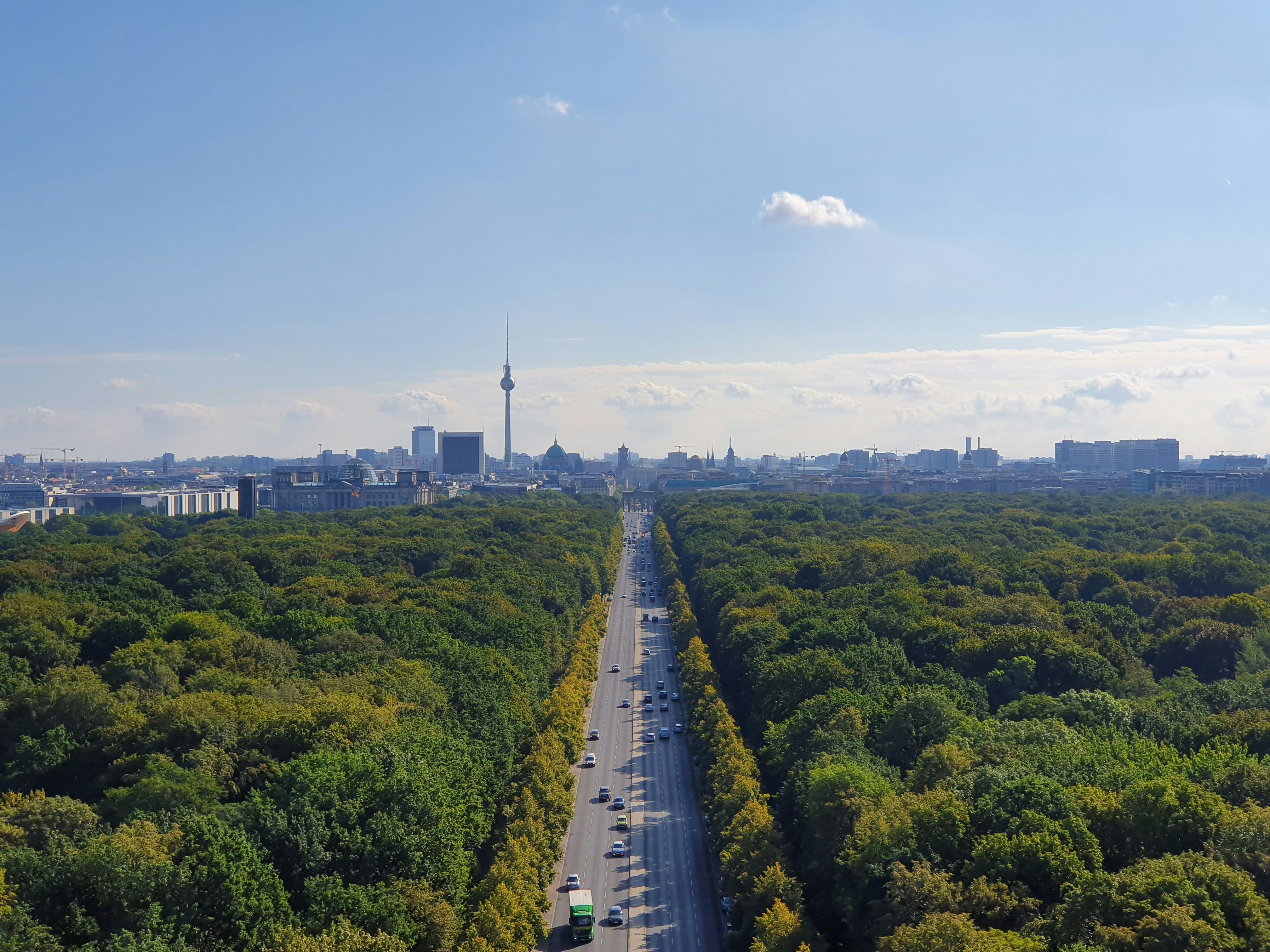 Tree-lined boulevard through Berlin's Tiergarten stretches toward a distant skyline with the Fernsehturm on the horizon.