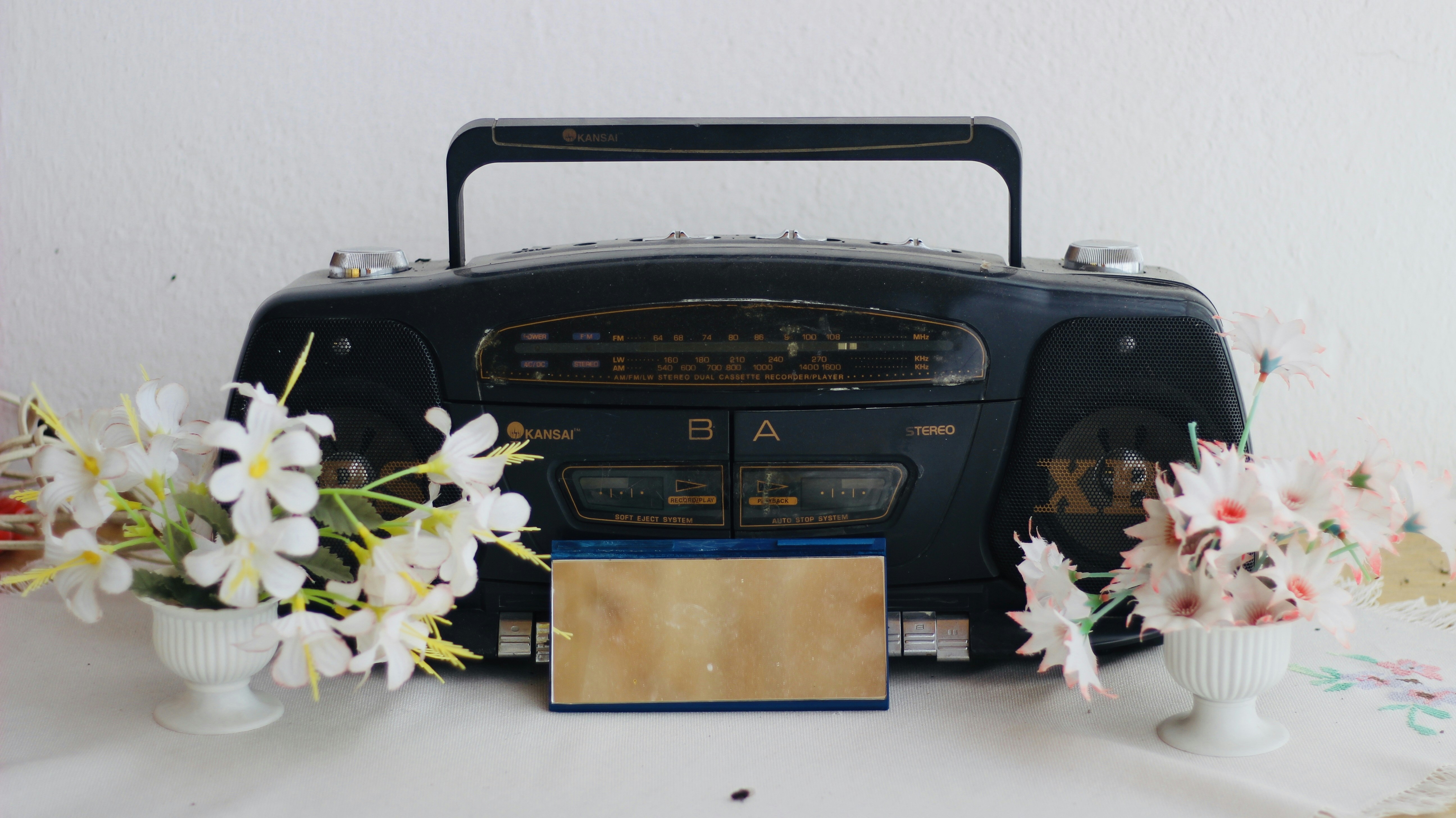 Black boombox beside two potted flower arrangements photo – Free ...