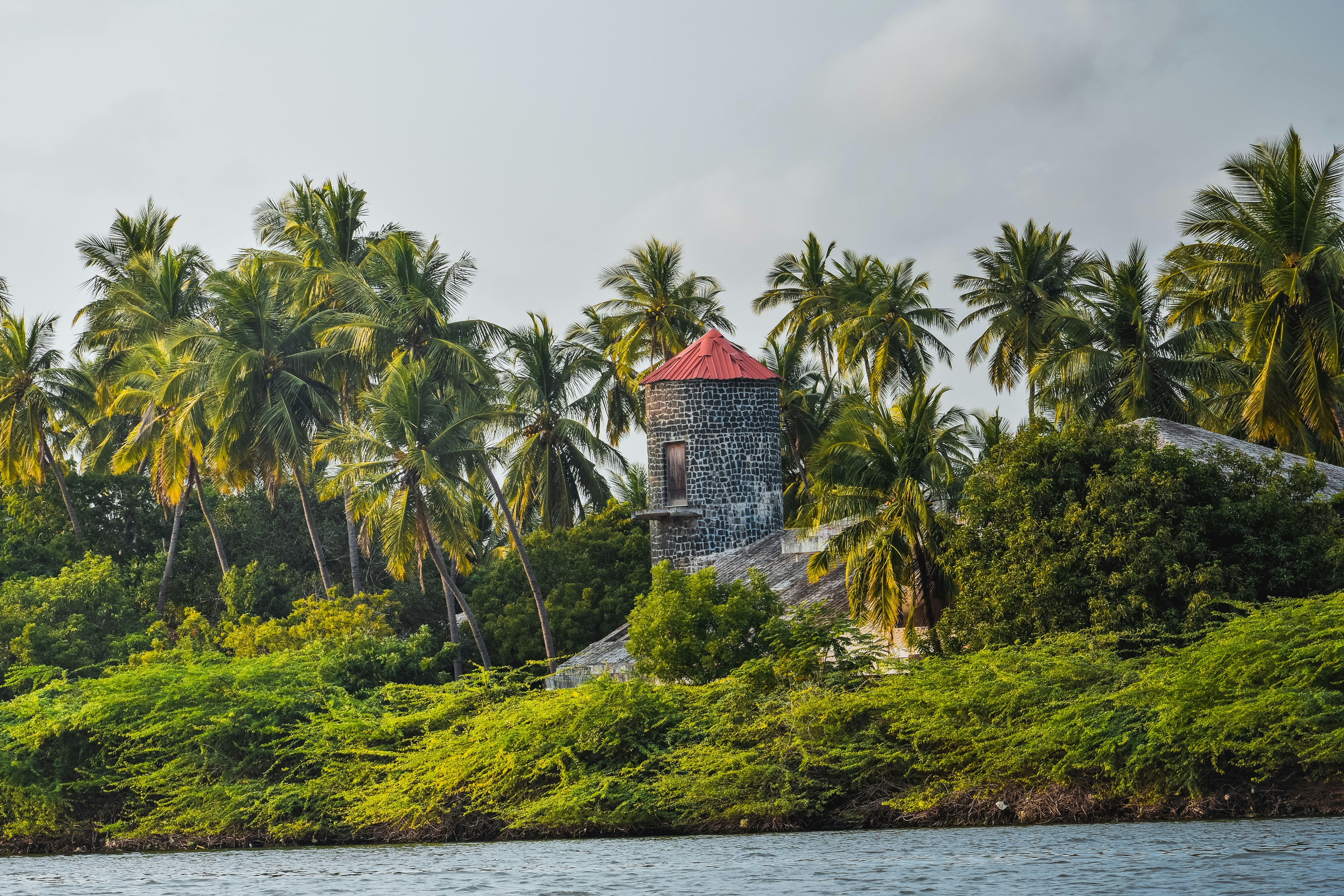 Red-Roofed Turret Among Palm Trees Along a Tropical Shore