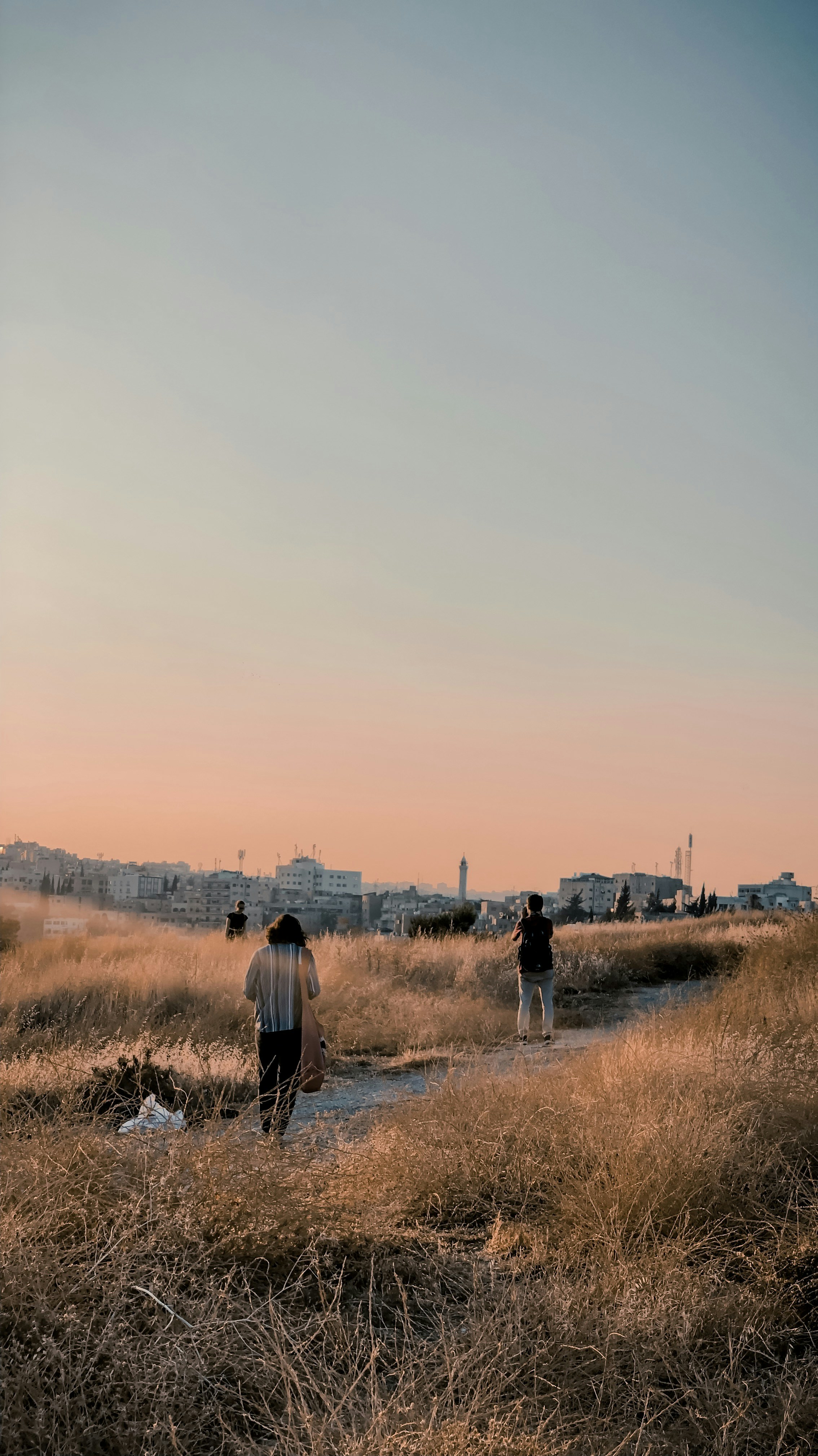 Golden Hour Stroll: figures in a sunlit field toward a distant city