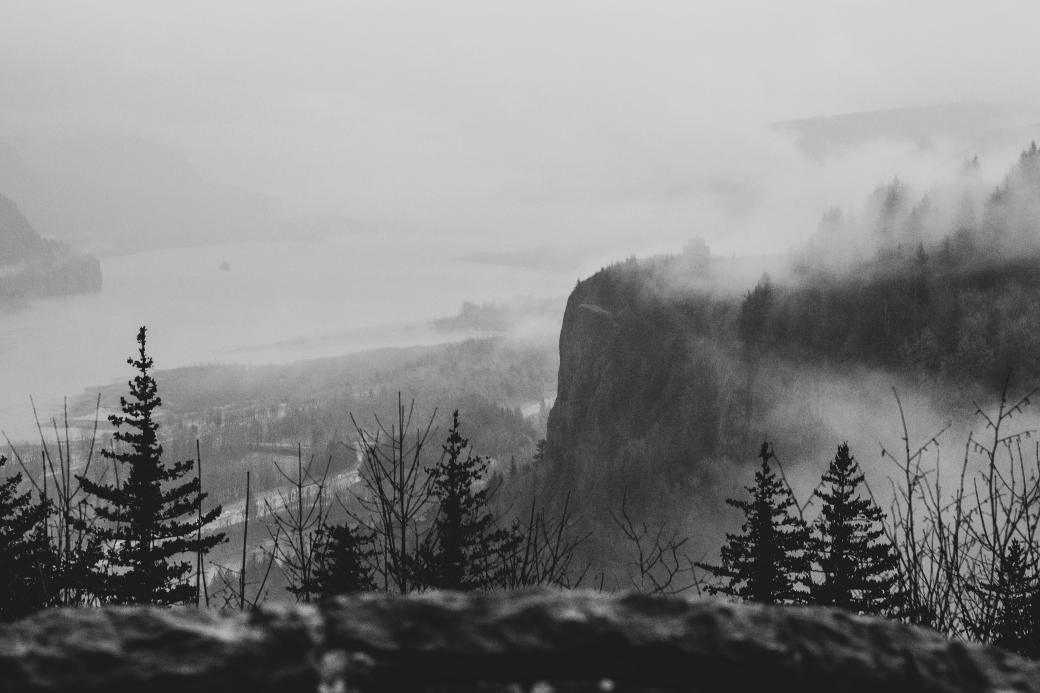 Fog drifts over forested cliffs with a river winding through the valley, creating a moody atmosphere.