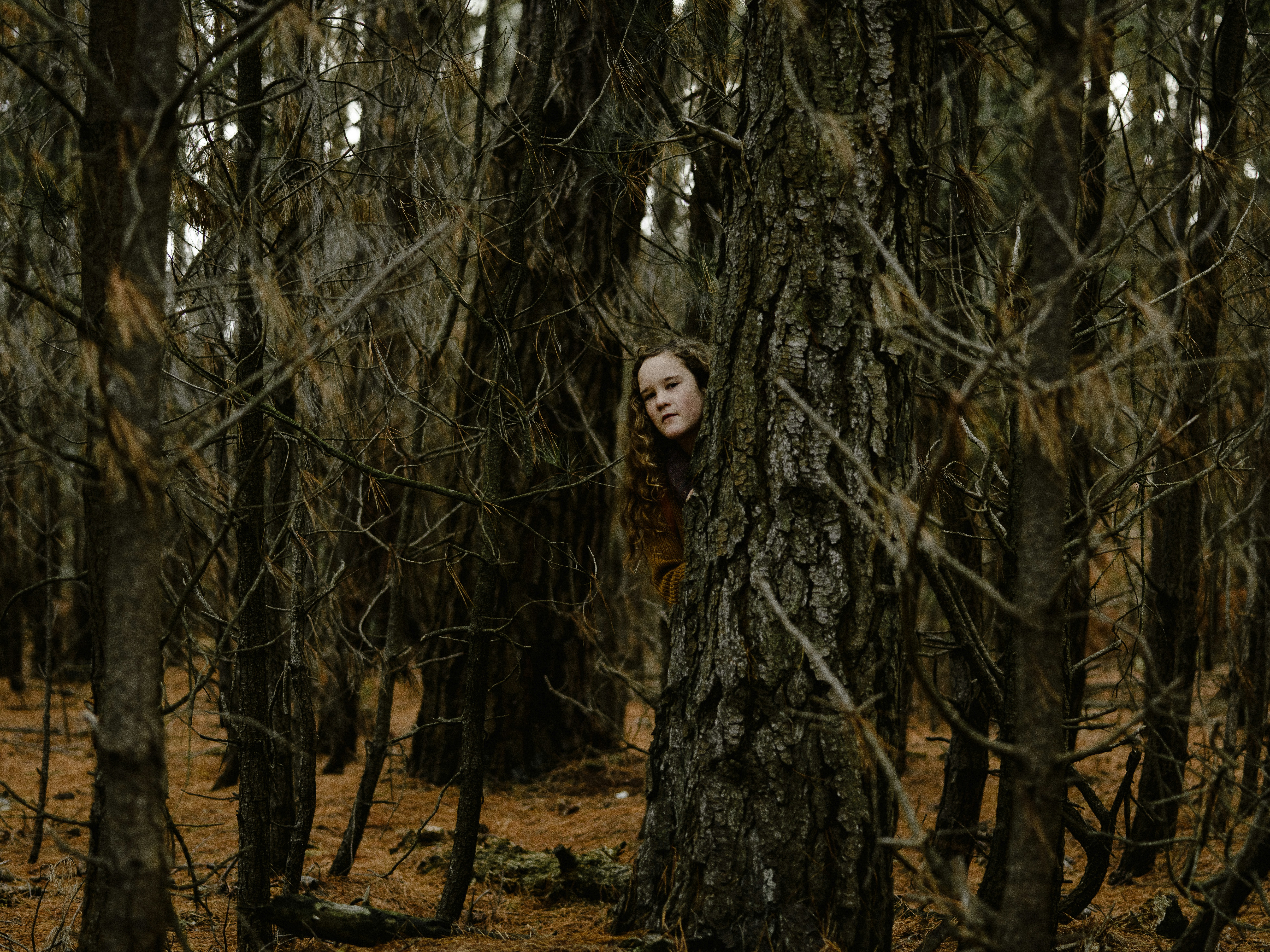 Scared Girl Hiding Behind Tree