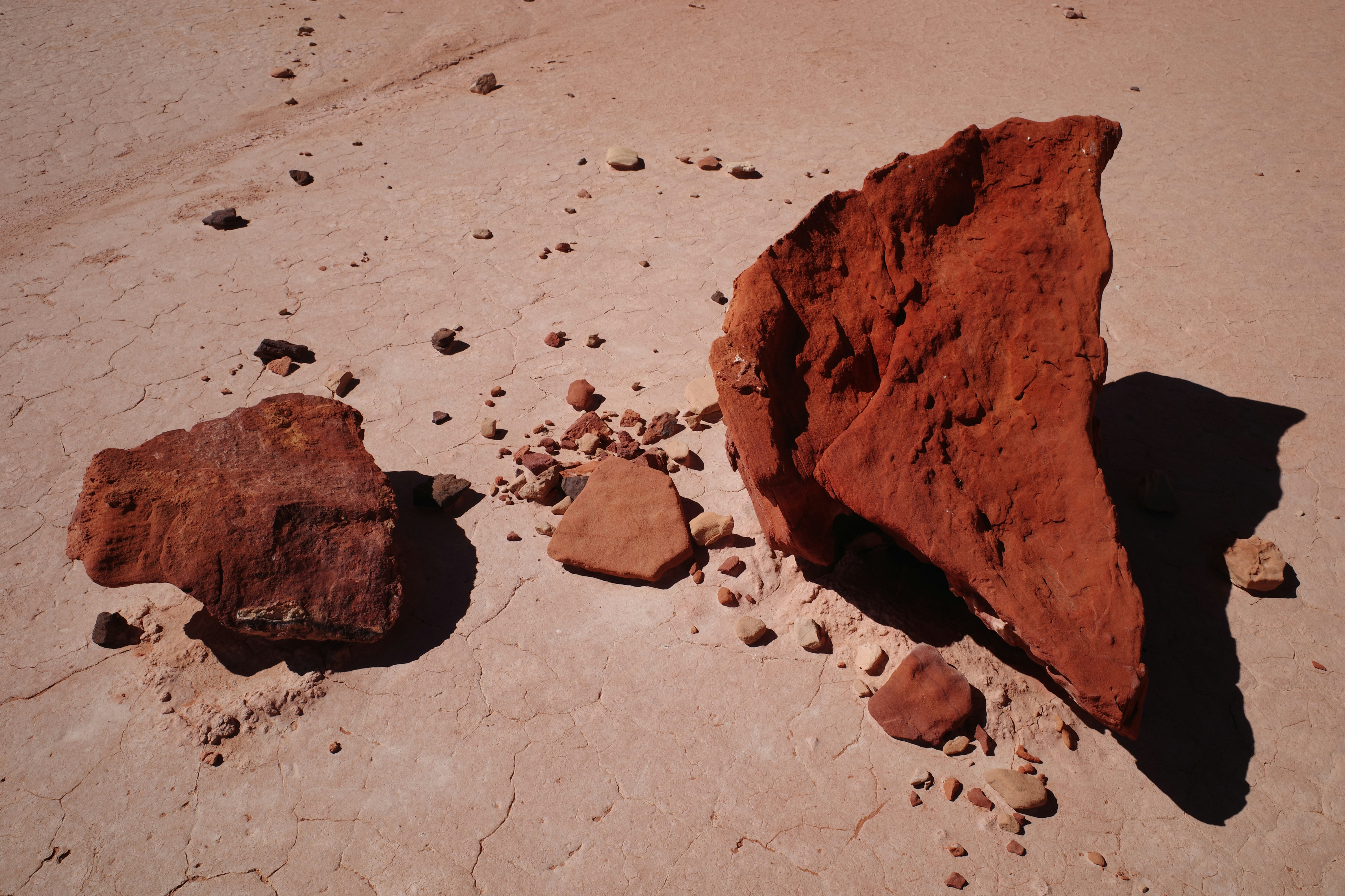 Large red rock formations scattered across a dry, cracked earth surface, highlighting the textures and colors of the arid landscape.