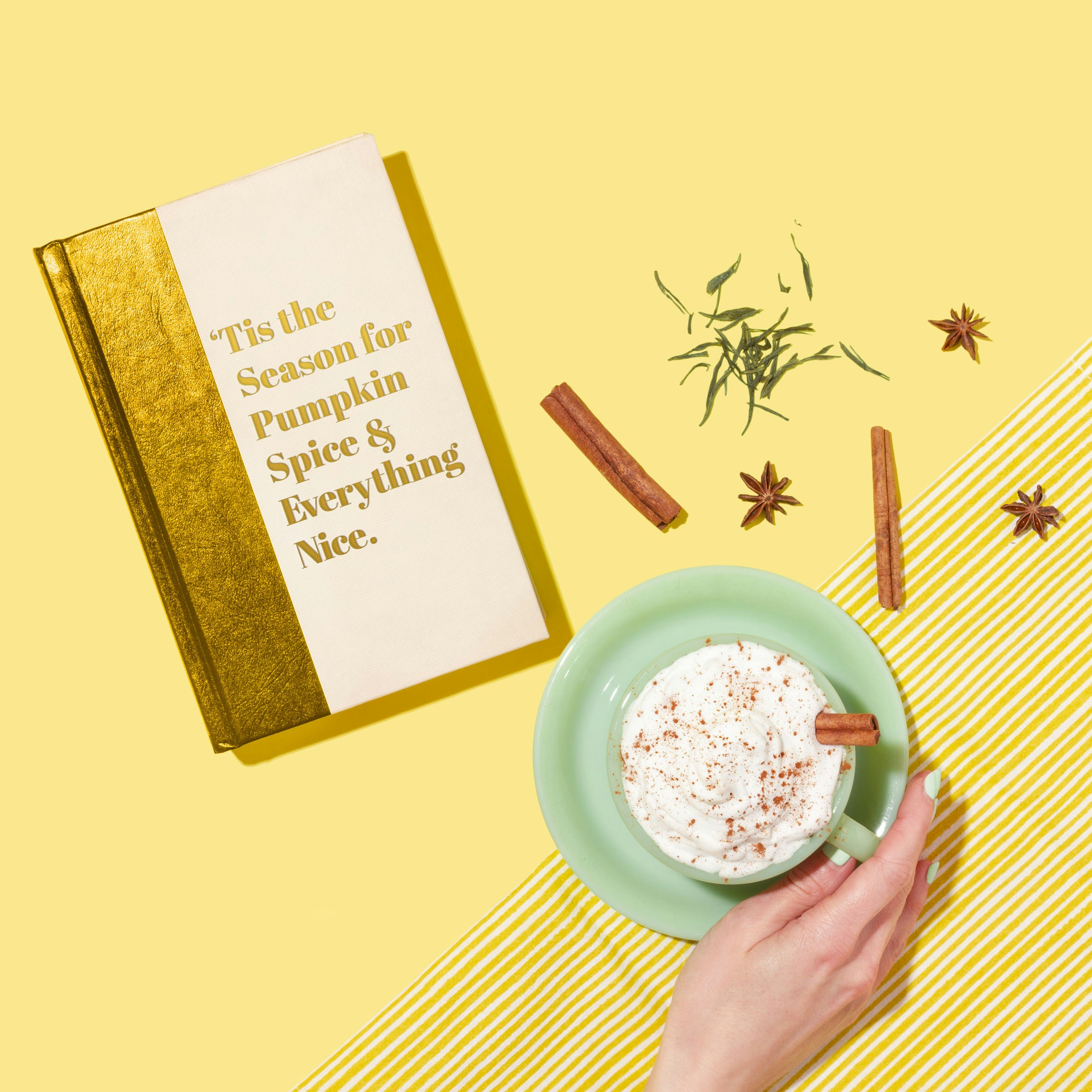 Hand holding a mint green cup topped with whipped cream beside a golden book titled 'Tis the Season for Pumpkin Spice & Everything Nice, set against a cheerful yellow backdrop.