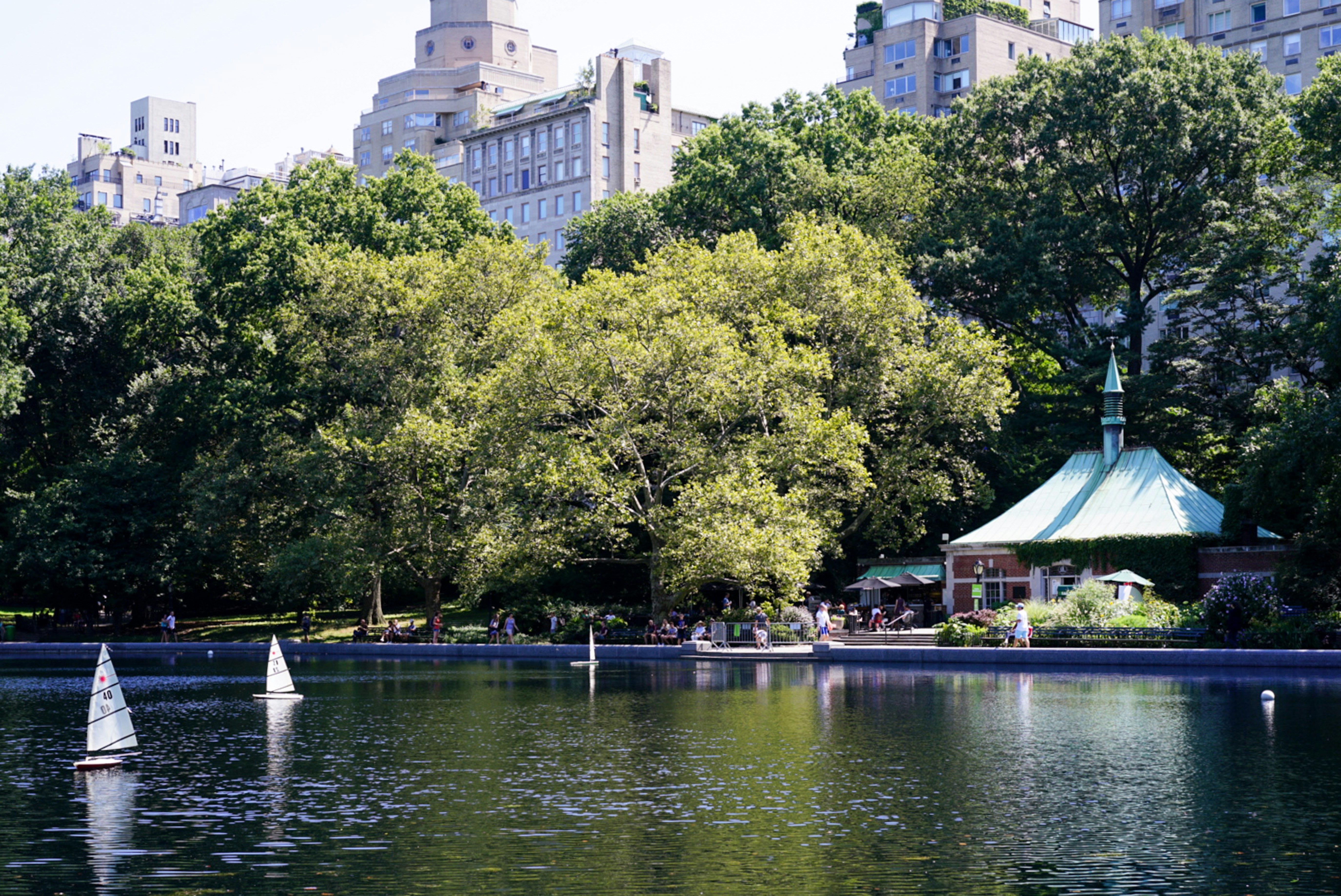 Sailboats glide across a tranquil pond surrounded by lush greenery and a charming gazebo in a bustling city park.
