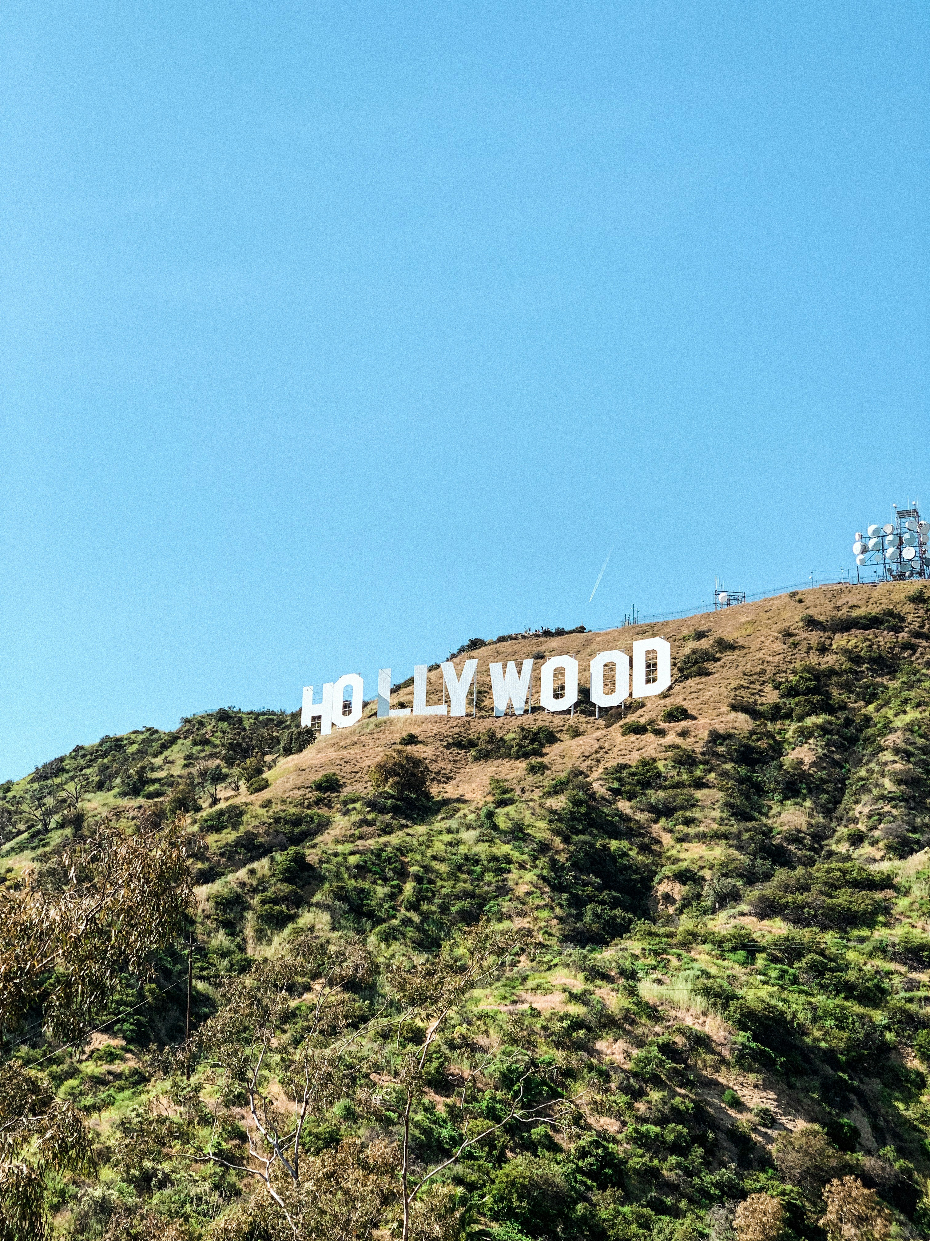 Hollywood sign perched on a hillside, surrounded by lush greenery under a clear blue sky.