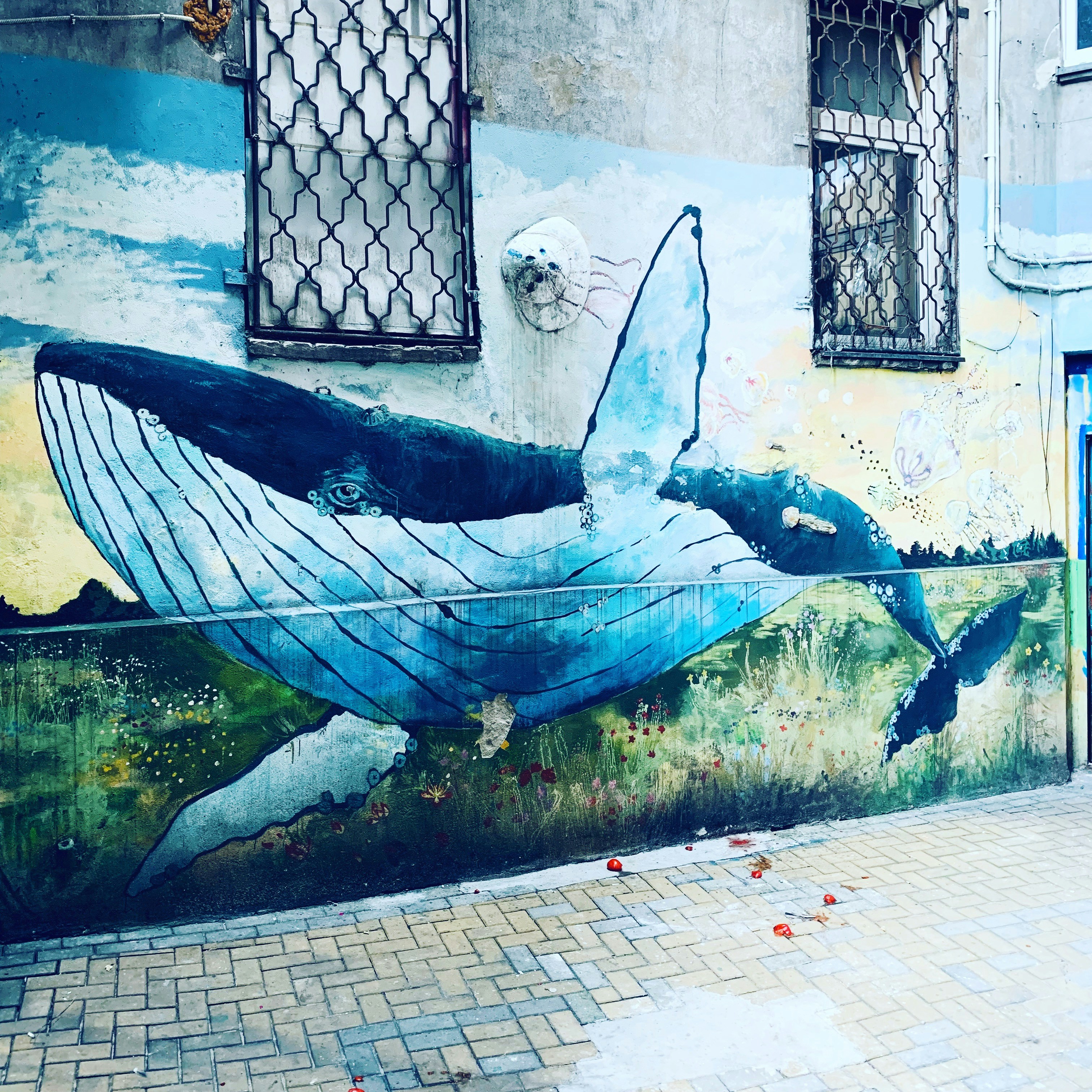 Vibrant mural featuring a large blue whale swimming among colorful underwater flora and fauna, set against a textured wall with windows. The artwork brings a lively touch to the urban environment.