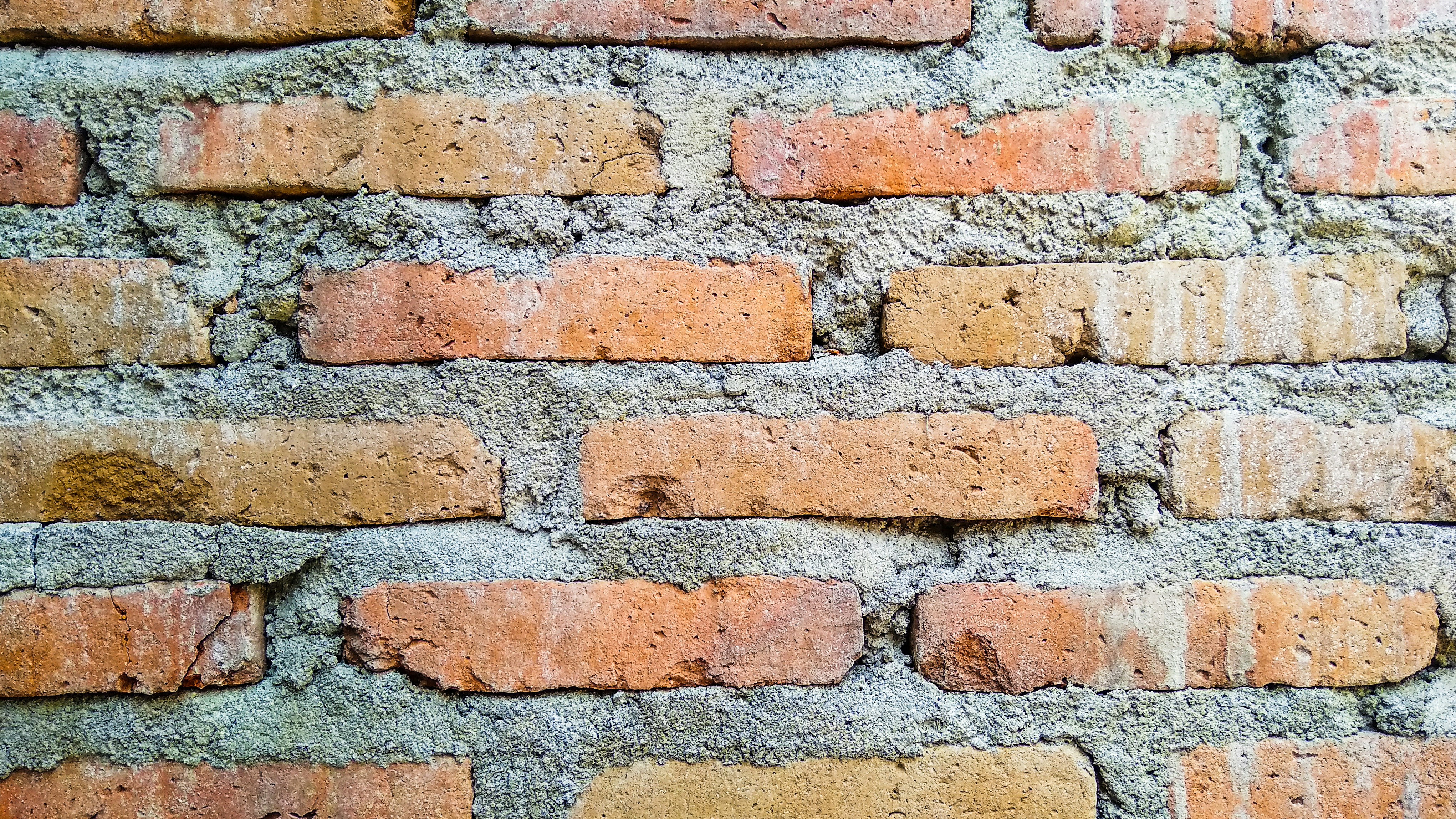 Close-up of a weathered brick wall with orange-red bricks and rough gray mortar.