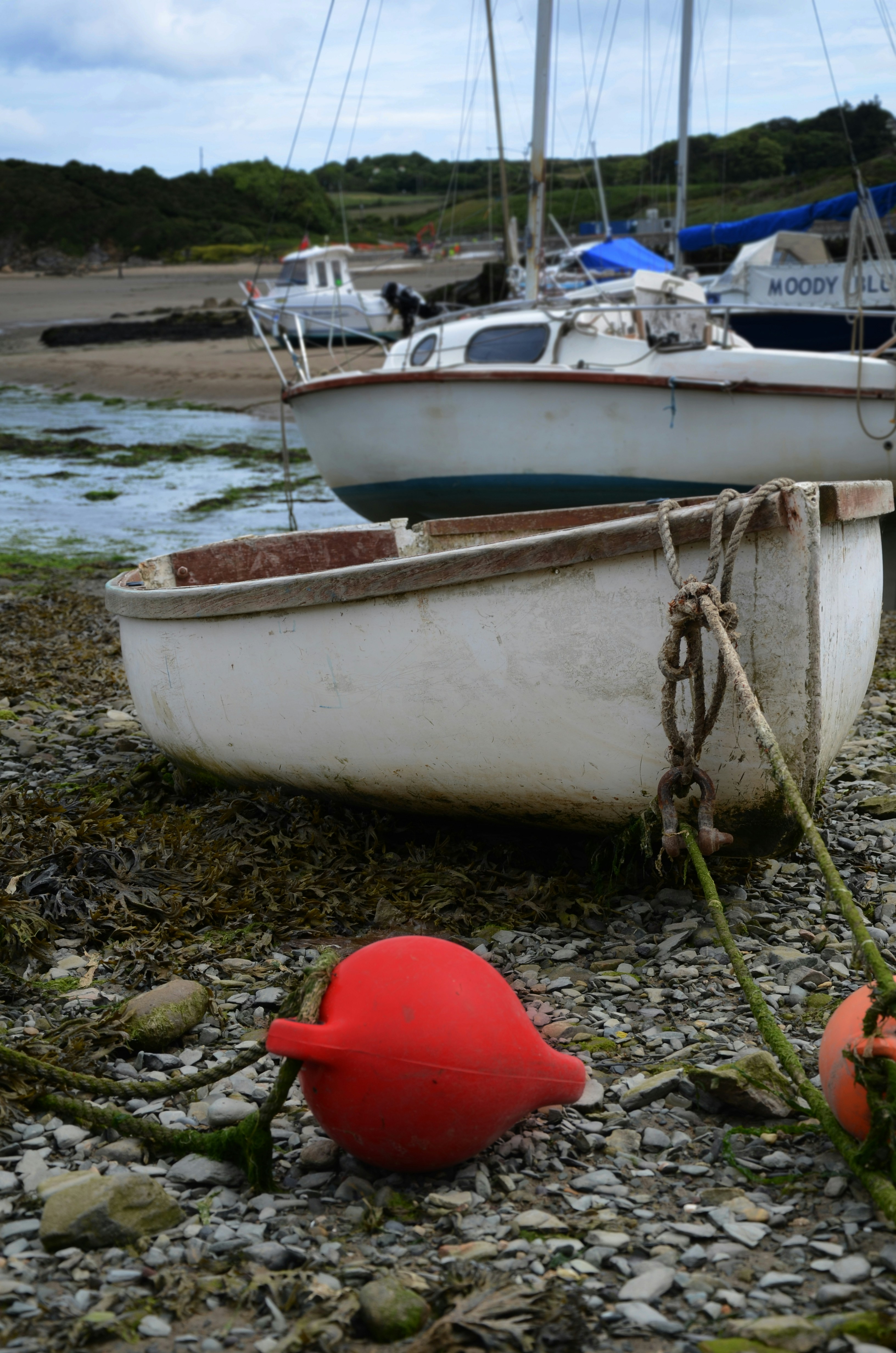 Red Buoy in the Shingle, Boats Resting Along a Quiet Tidal Shore