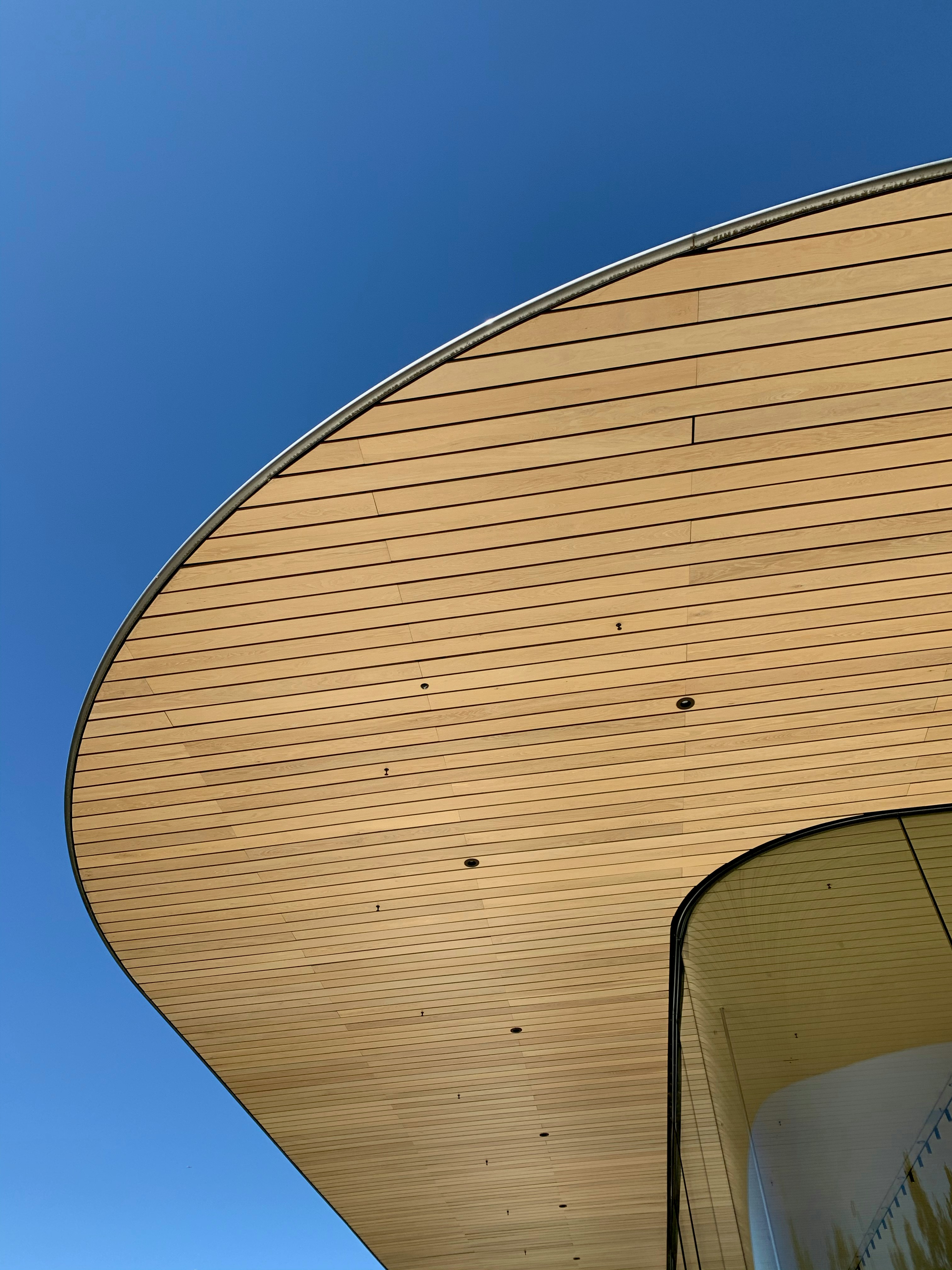 Cantilevered Timber Curve Under a Clear Azure