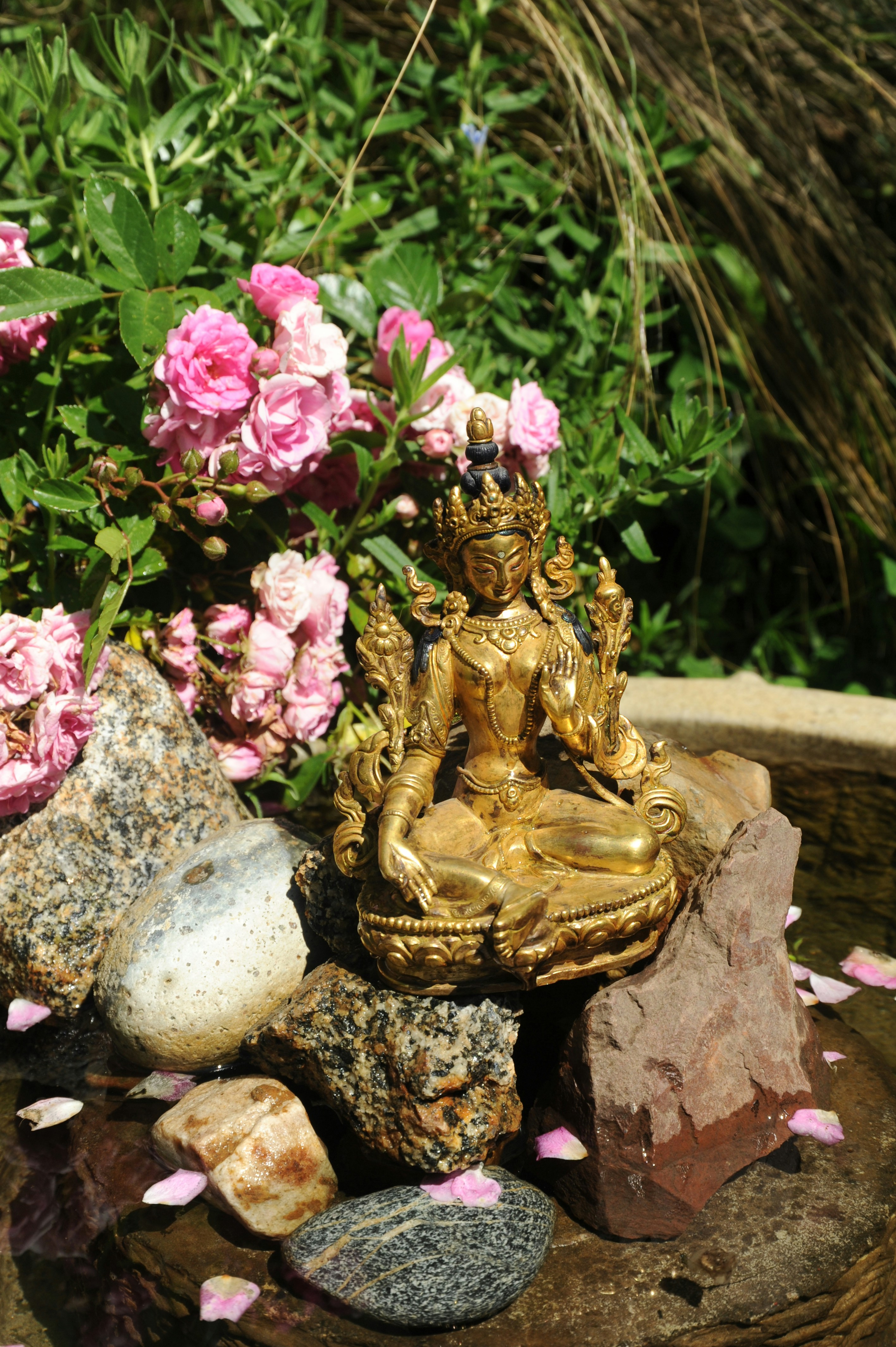 Golden statue of a deity surrounded by colorful roses and natural stones, resting in a tranquil setting. Petals float gently on the water's surface.
