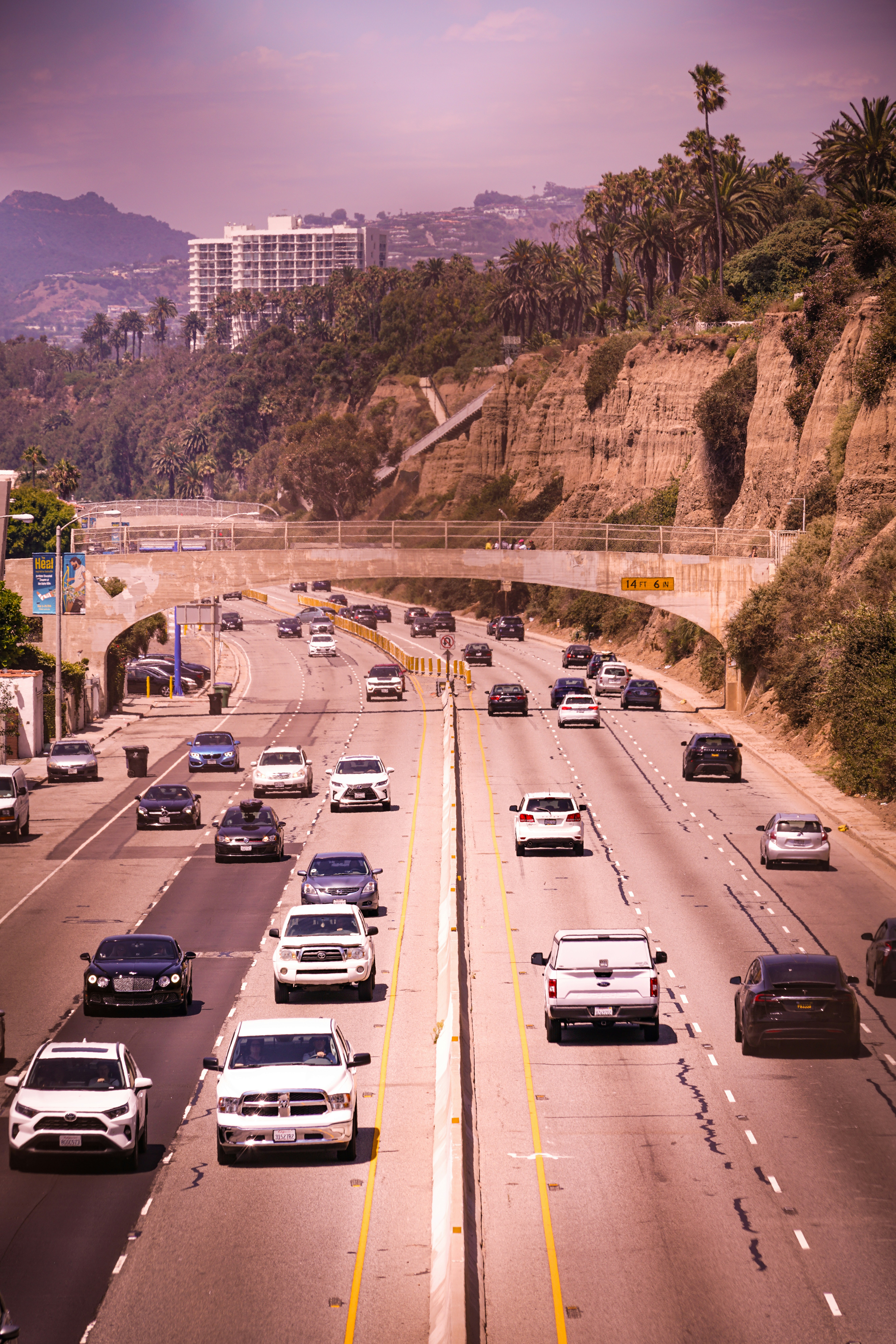 Busy highway scene featuring a variety of vehicles amid palm trees and rocky cliffs in the background.