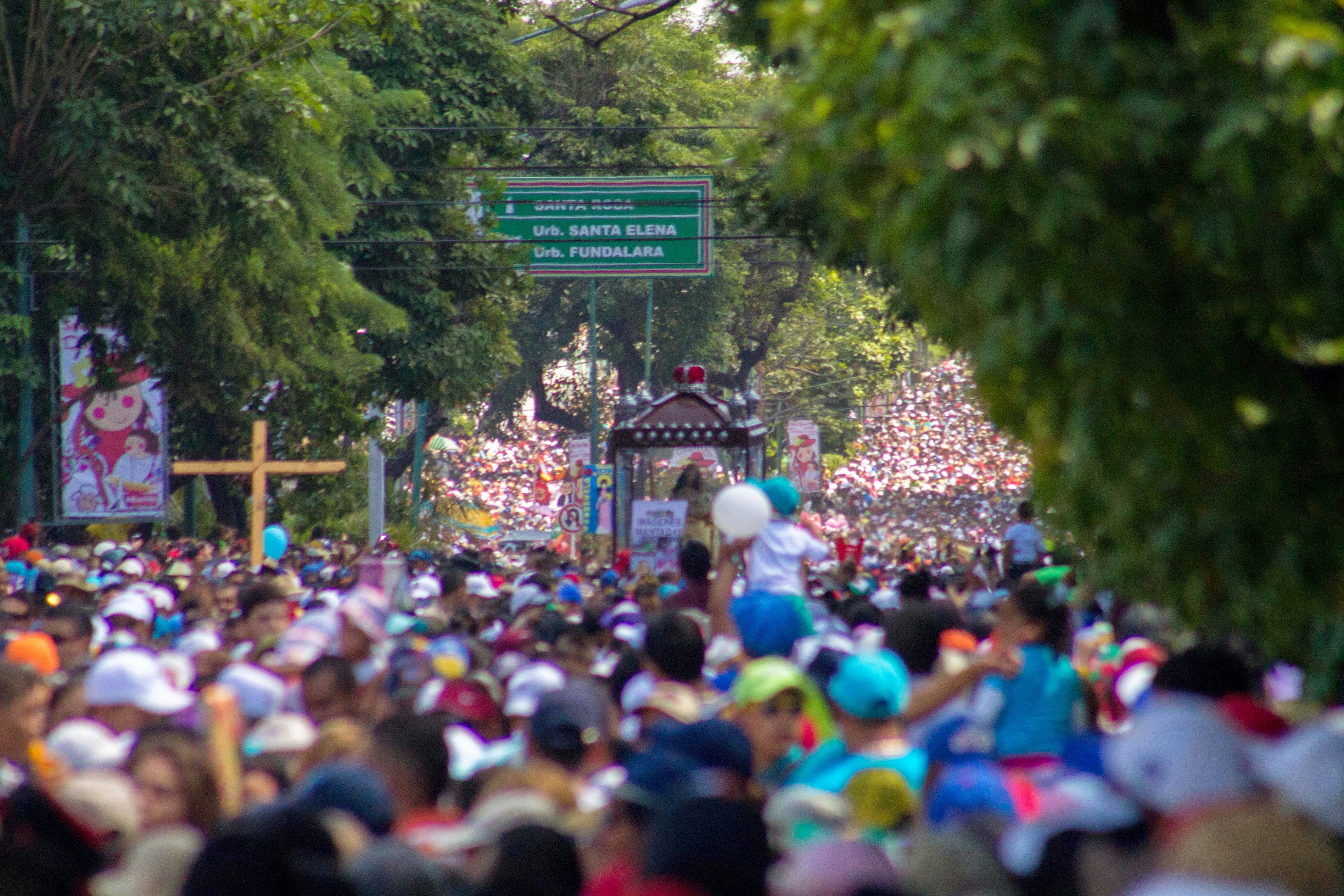 Colorful crowd gathered on a tree-lined street for a religious procession with banners and crosses.