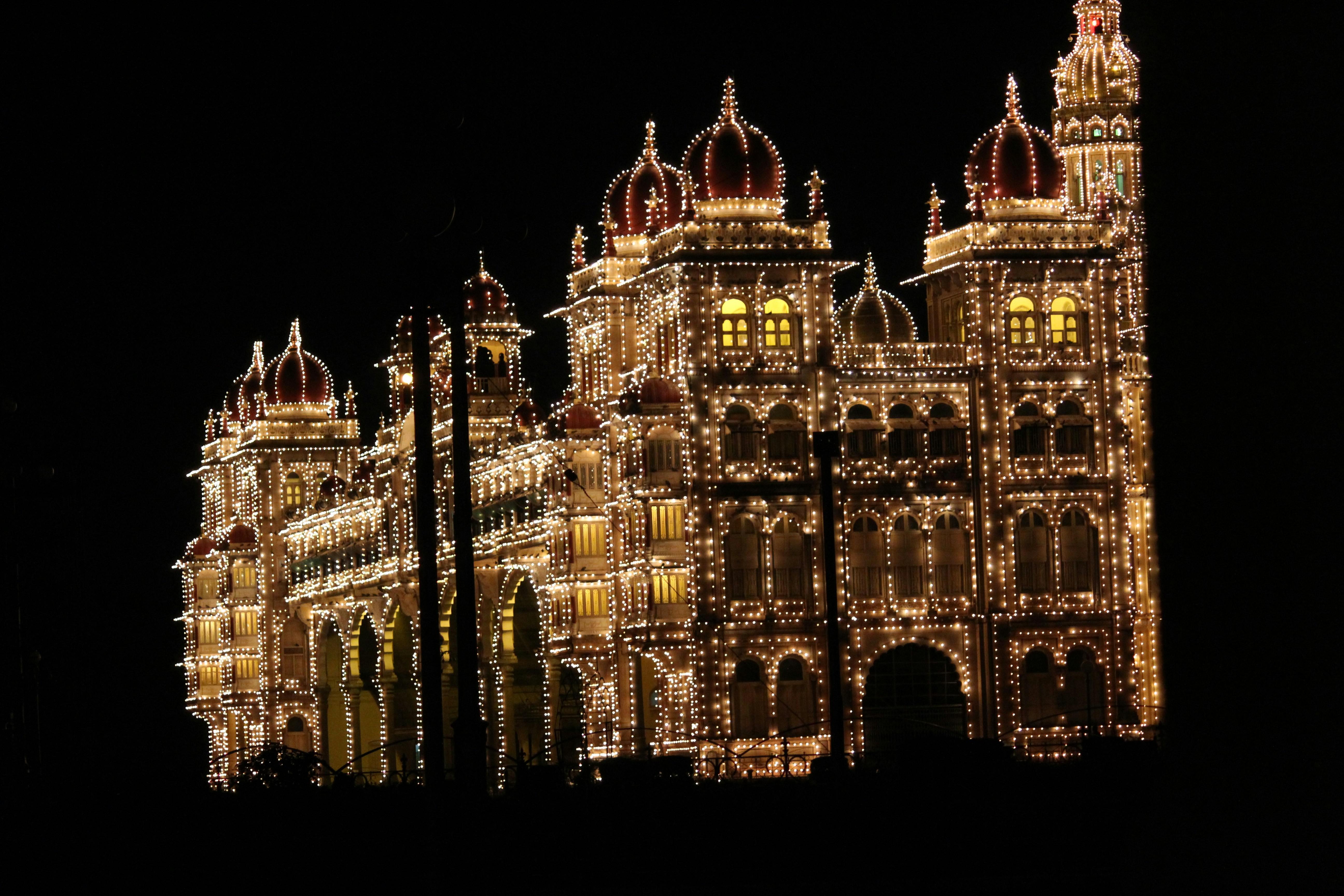 Midnight Illuminated Facade: A Festooned Palace of Light