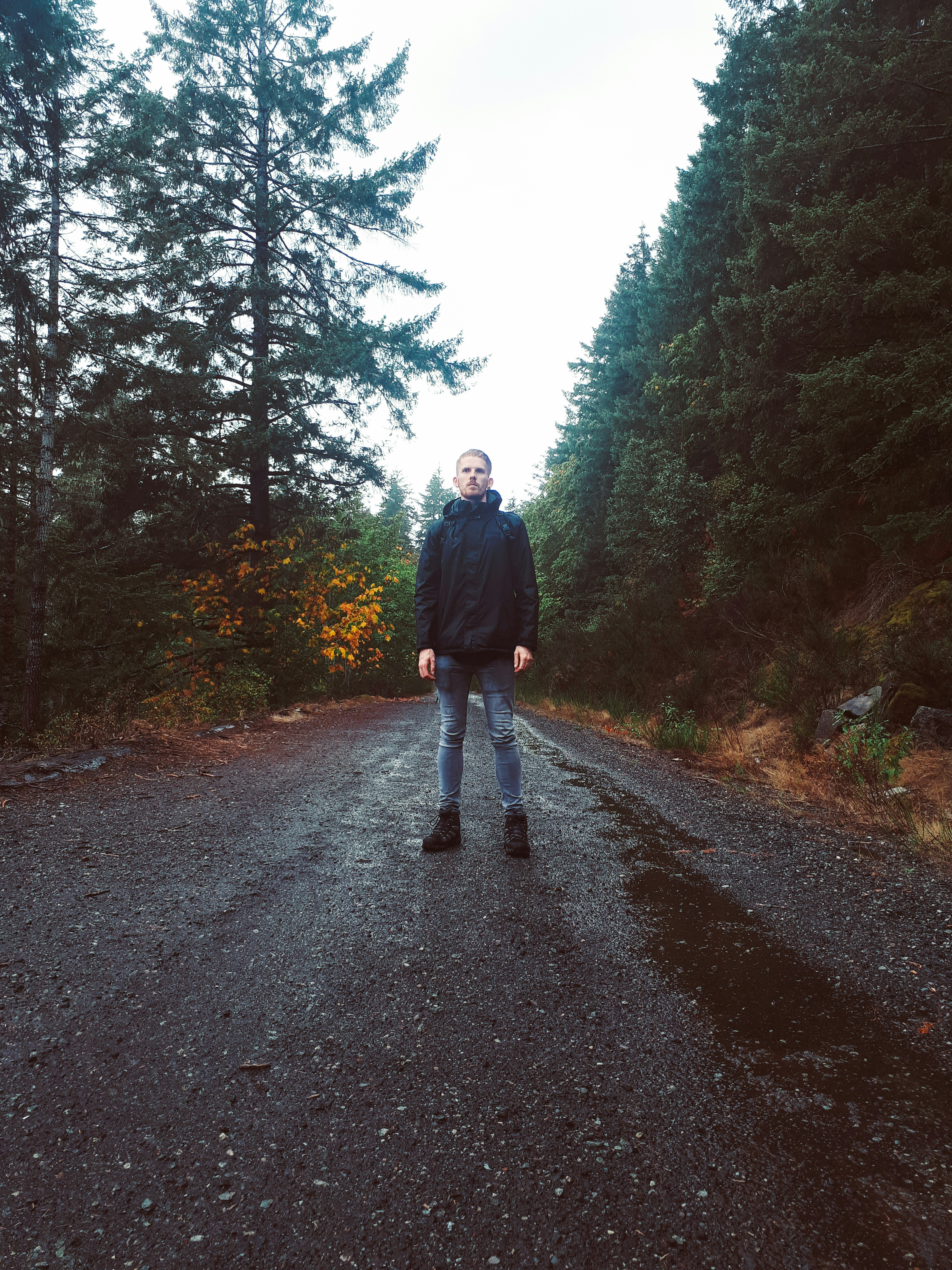 Individual standing on a gravel road flanked by tall trees and autumn foliage. The scene captures a moment of solitude in a lush, green environment.