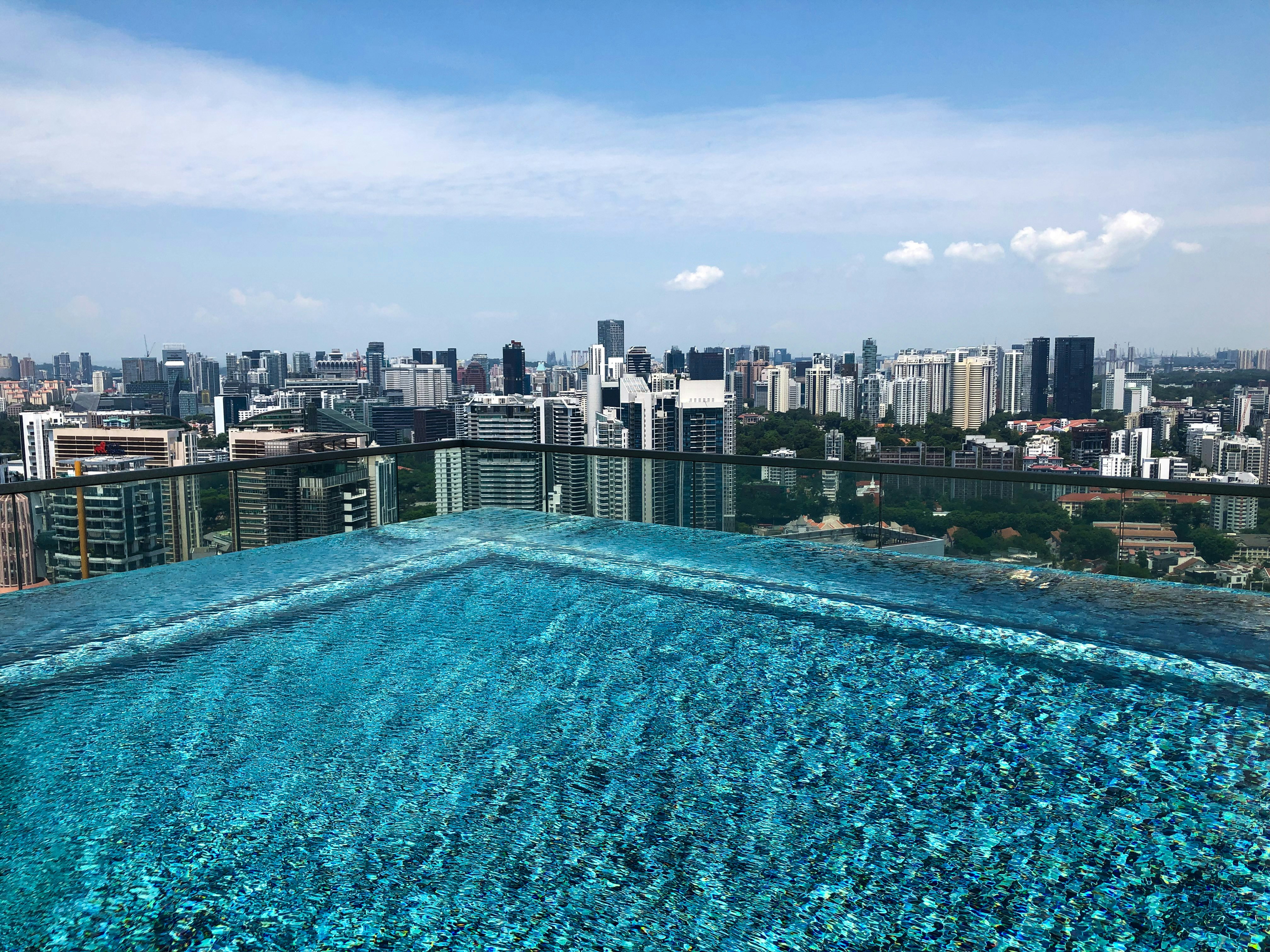 Infinity pool overlooking a sprawling city skyline under a clear blue sky.