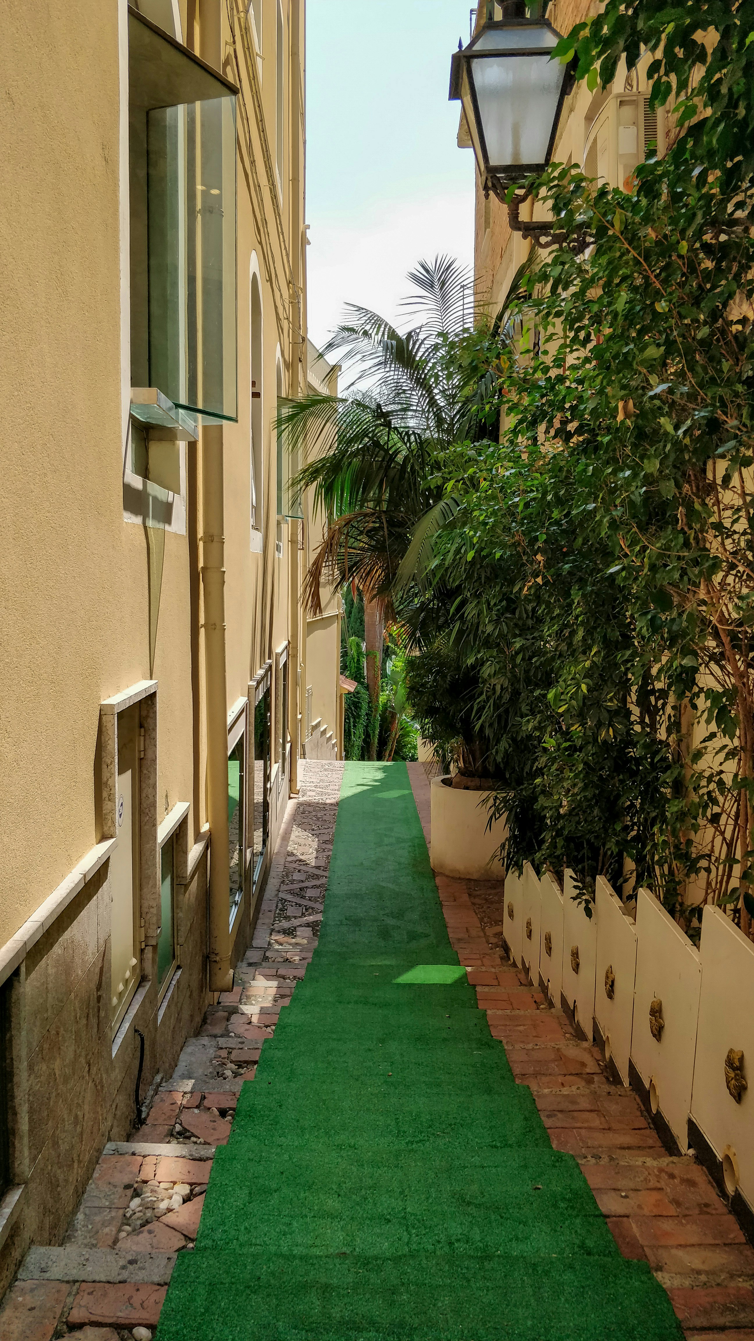 Narrow alleyway with green artificial grass flanked by sunlit buildings and lush vegetation.