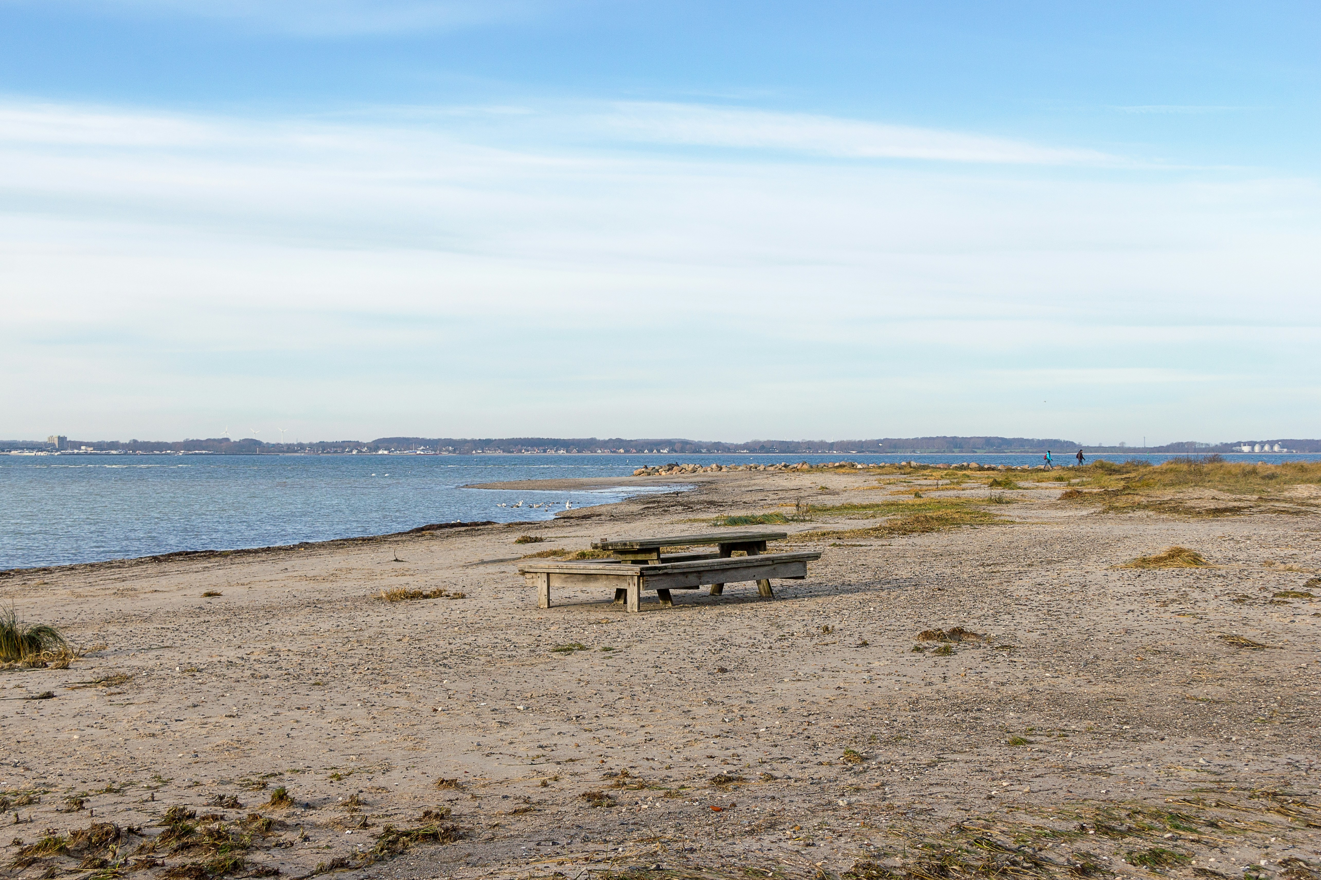 gray wooden picnic table on seashore during daytimeMaria Krasnova