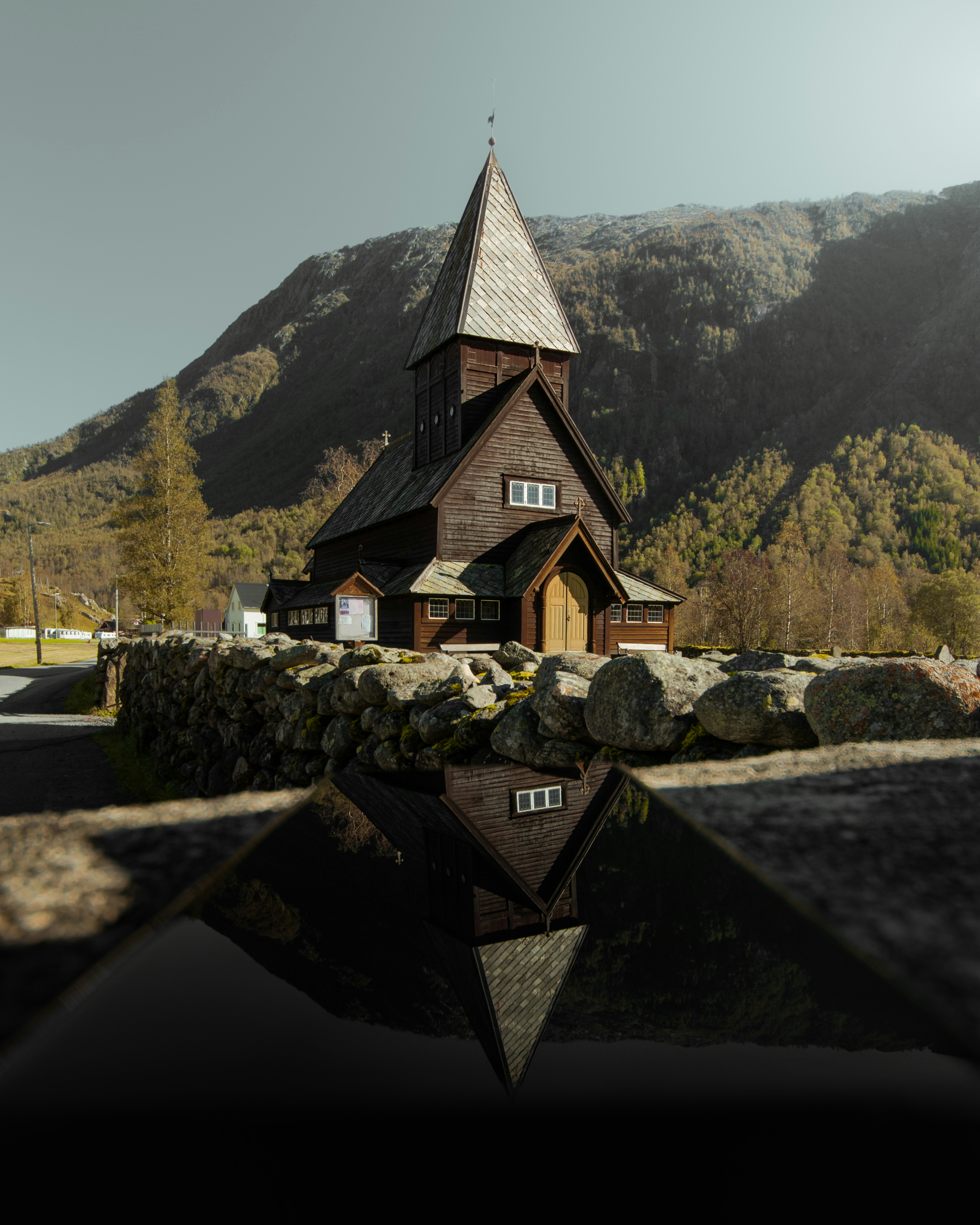 Timber Chapel by Still Lake: Alpine Reflection