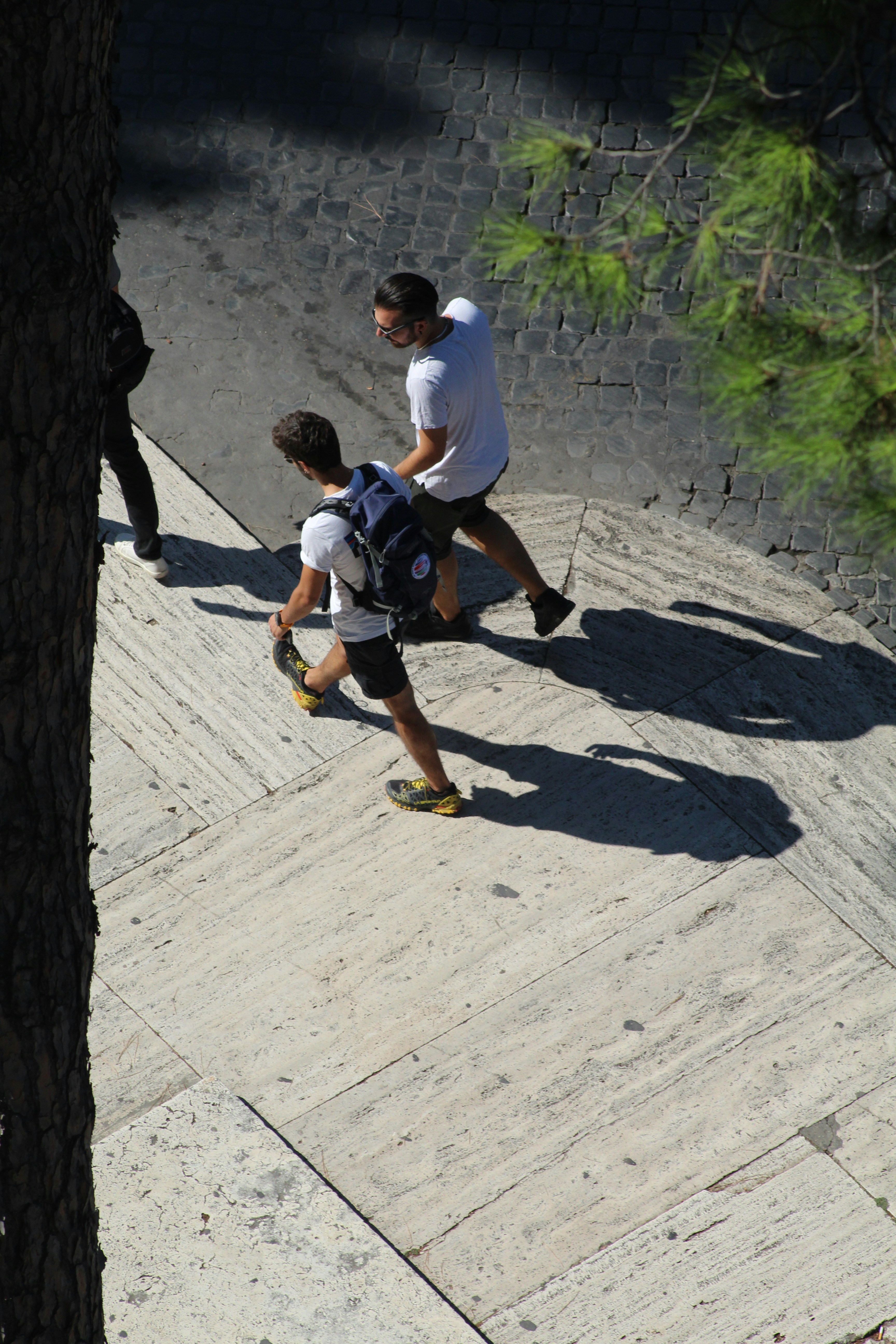 Stride Down the Sunlit Slant: Two Hikers on a Concrete Staircase