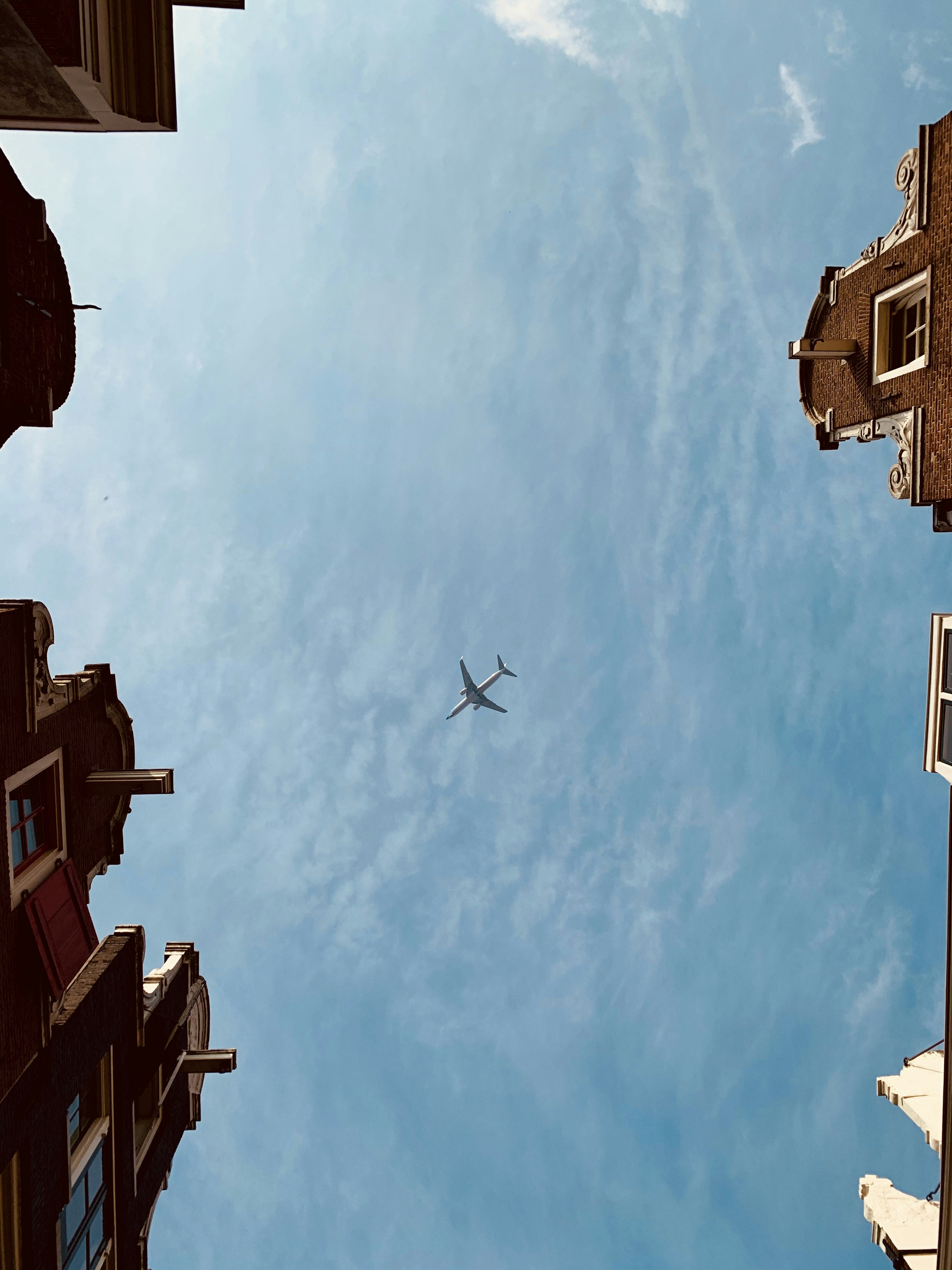 An airplane soars through a clear blue sky framed by historic buildings, capturing the contrast between urban life and air travel.